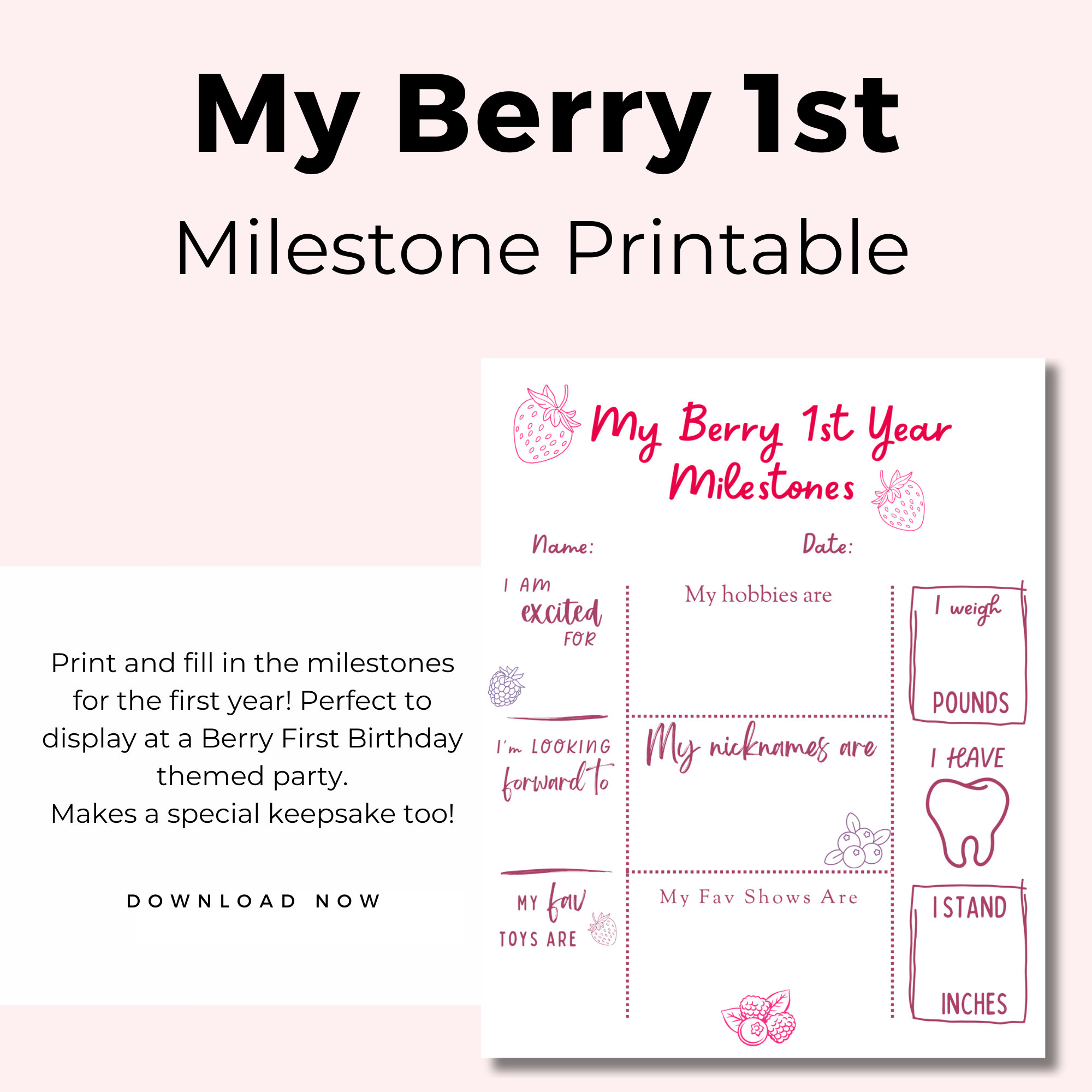 Berry First Birthday Coloring Page, Berry 1st Printable Milestone Board ...