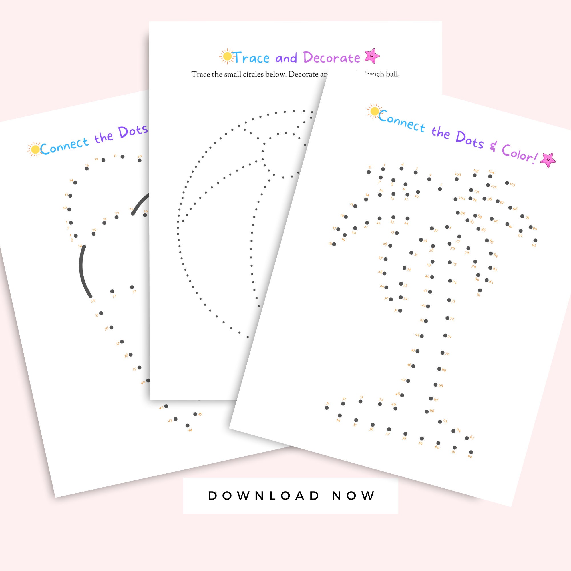 Summer Themed Tracing and Connect the Dots 3 Activity Pages, Kid ...