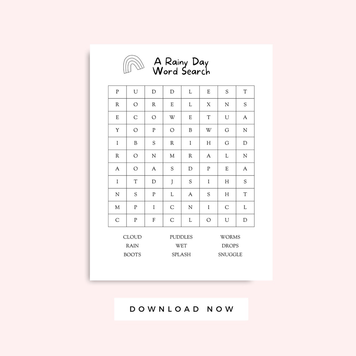 Rainy Day Word Search Printable for Kids Black and White, Rainy Day Kid ...