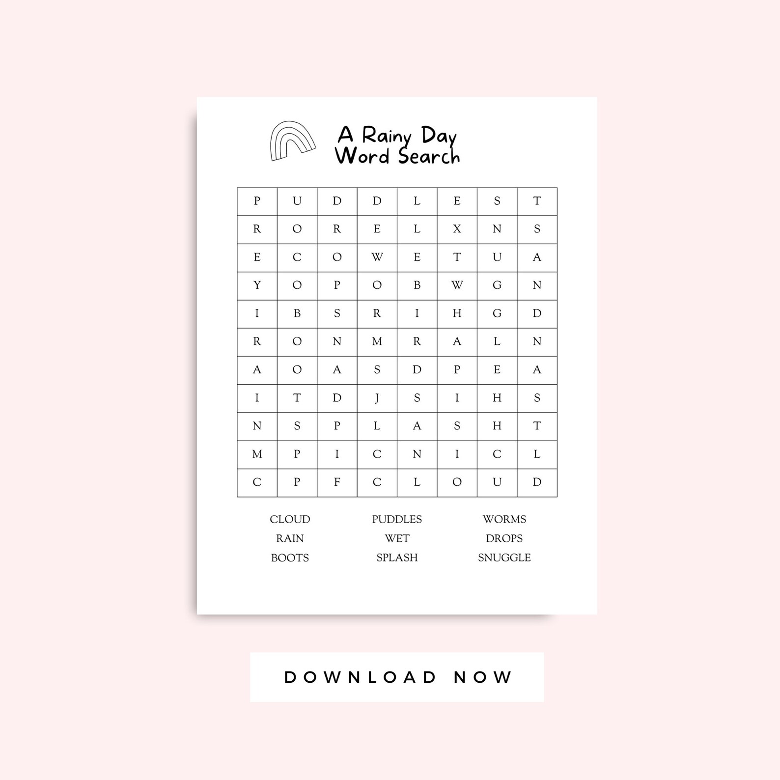 Rainy Day Word Search Printable for Kids Black and White, Rainy Day Kid ...