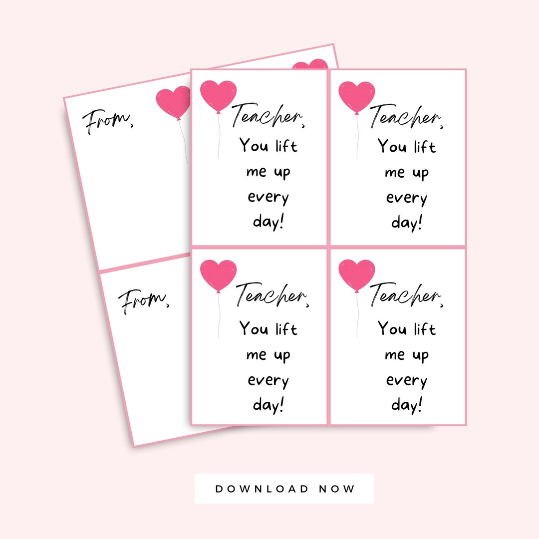 Pink Balloon Valentine's Day Cards for Teachers, Printable Card ...