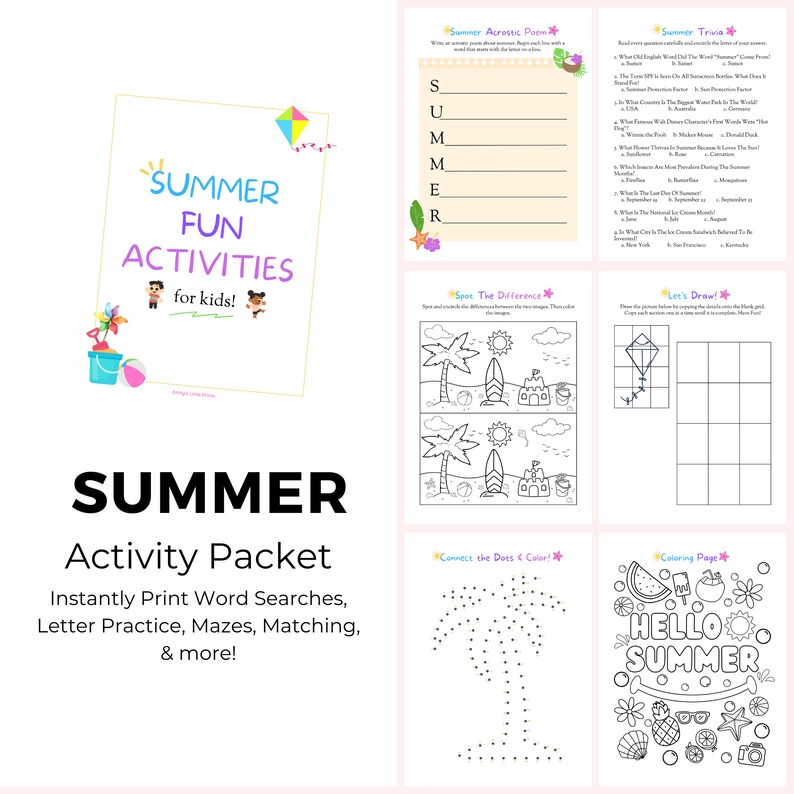 Summer Fun Activity Packet for Kids, 50 Multicolor Summer Worksheets ...