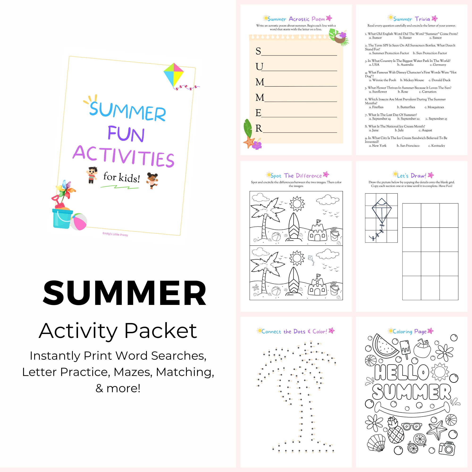 Summer Fun Activity Packet for Kids, 50 Multicolor Summer Worksheets ...
