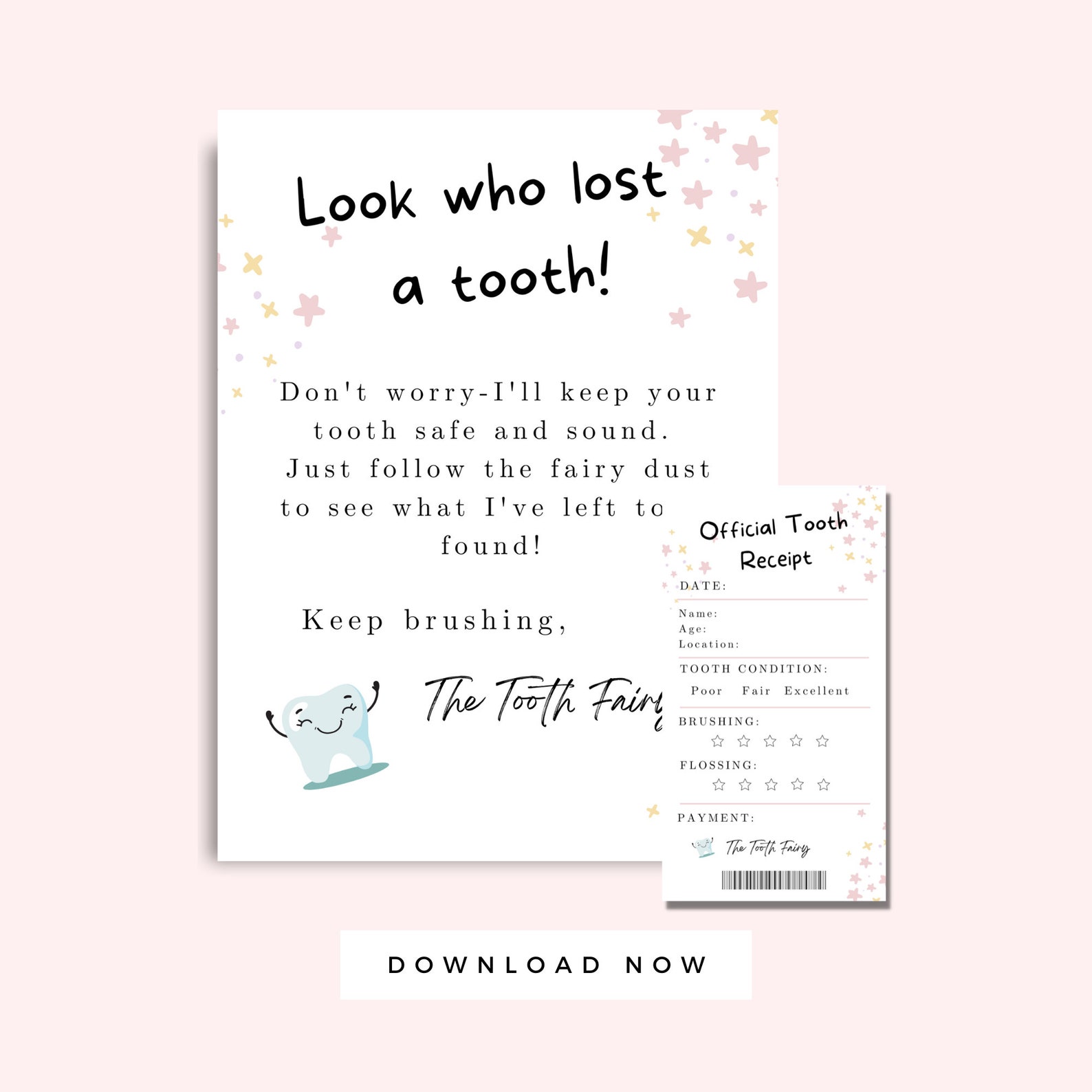 Tooth Fairy Letter and Lost Tooth Receipt for Kids Printable 2 Pack ...