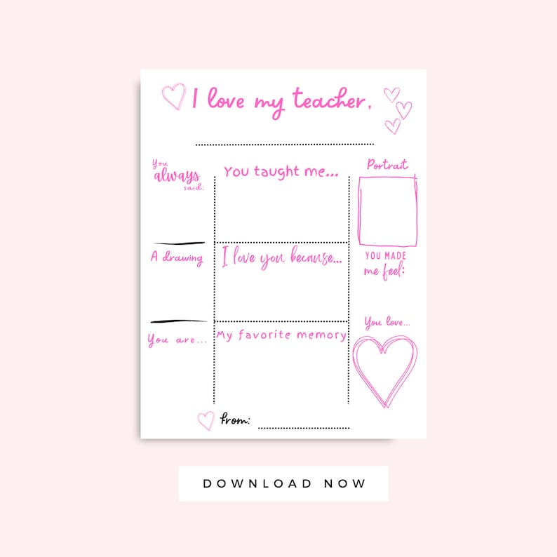 I Love My Teacher Printable Interview Bright Pink, All About My Teacher ...
