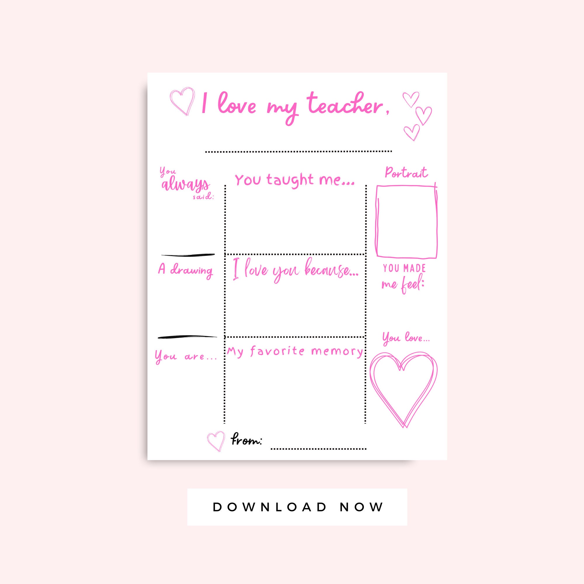 I Love My Teacher Printable Interview Bright Pink, All About My Teacher ...