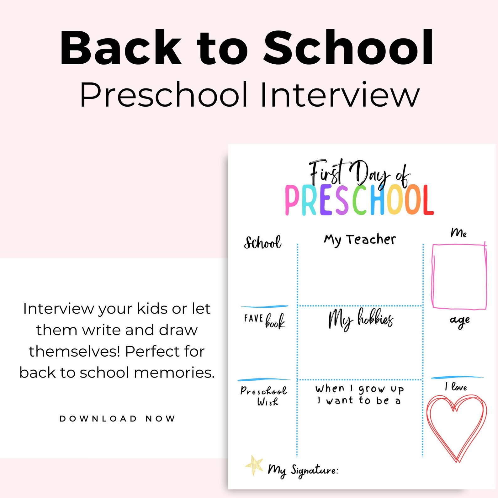 Back to School Preschool Interview Printable, First Day of Preschool ...