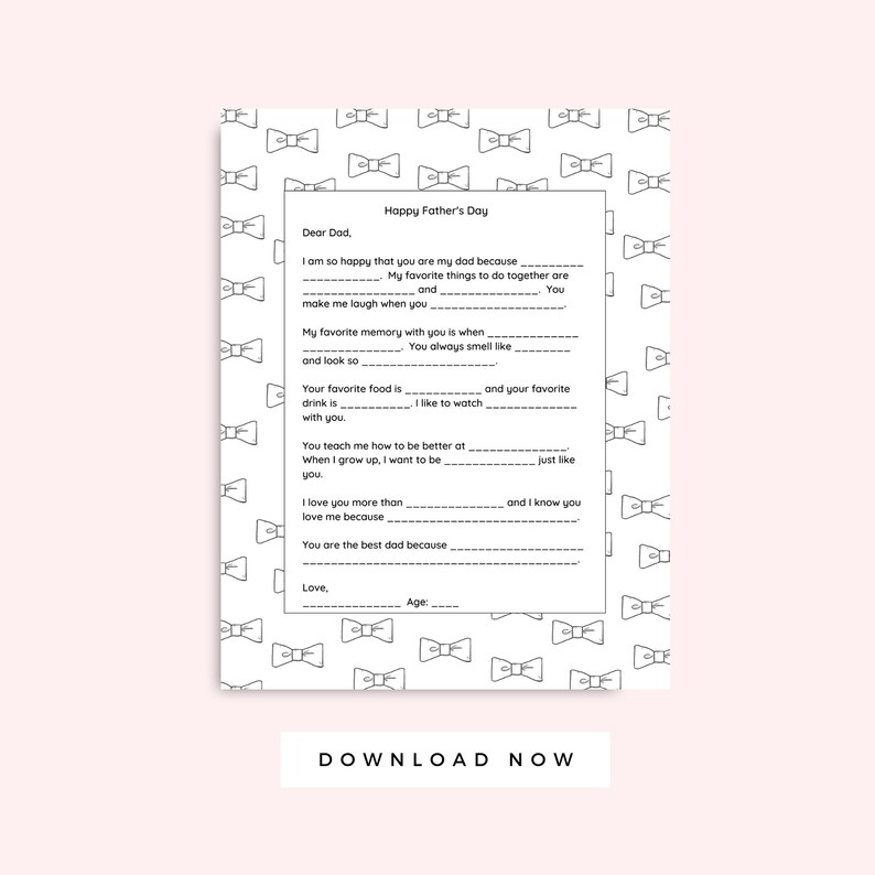 Father's Day Letter From Kids Printable Black and White Bowties, Card ...
