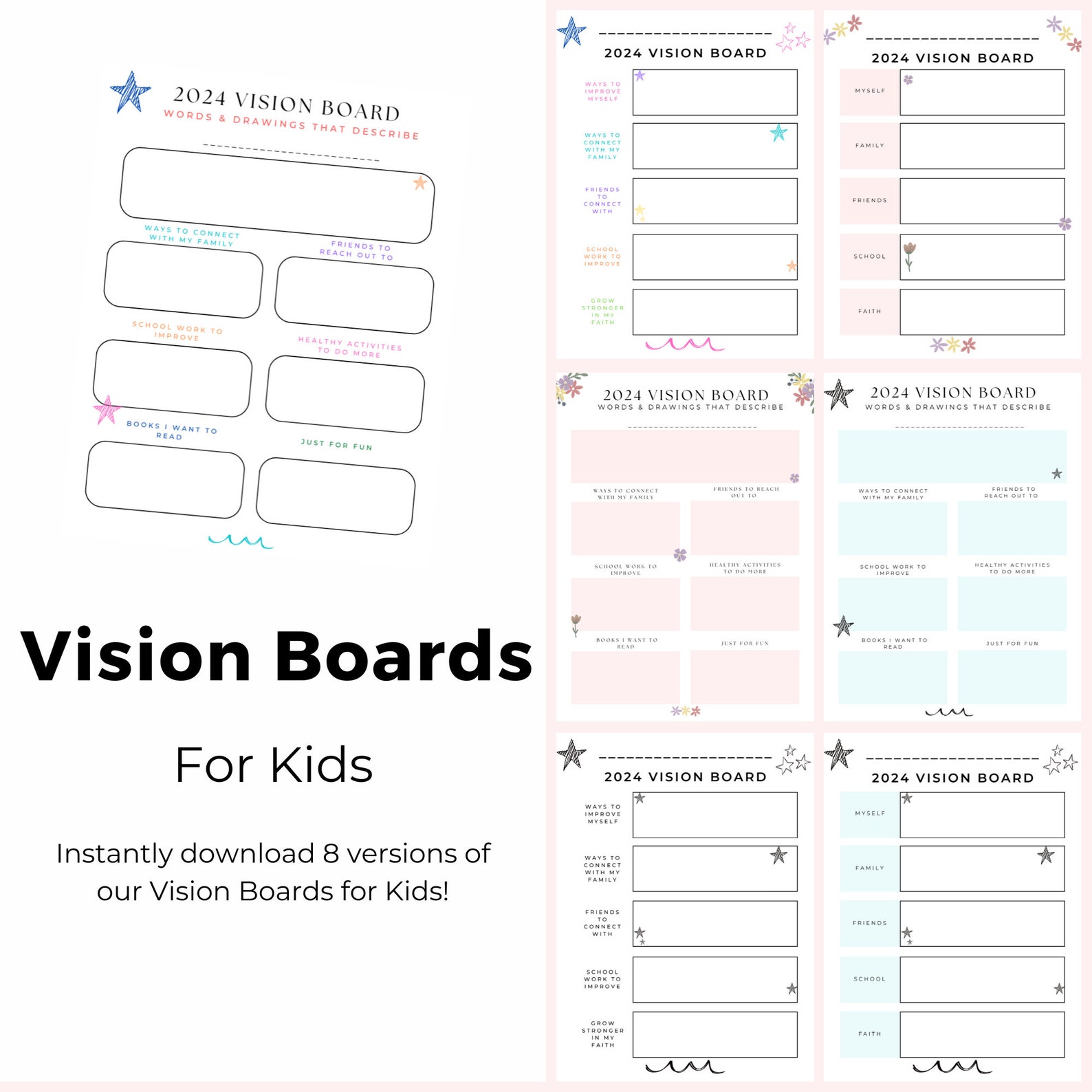 2024 Vision Board Printables for Kids, New Years Coloring Page, New ...