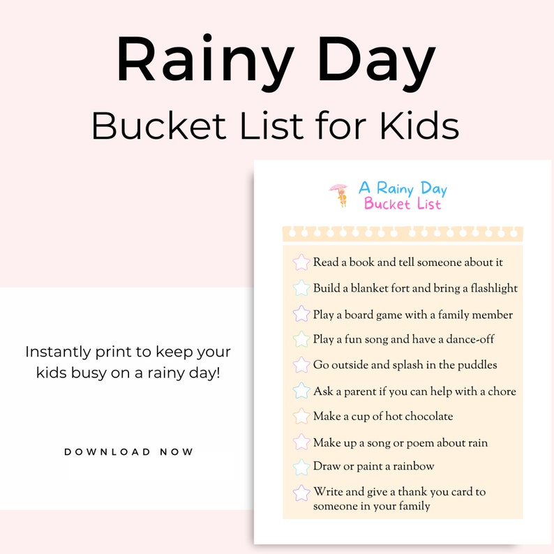 Rainy Day Bucket List Printable for Kids, Instant Download Activity ...