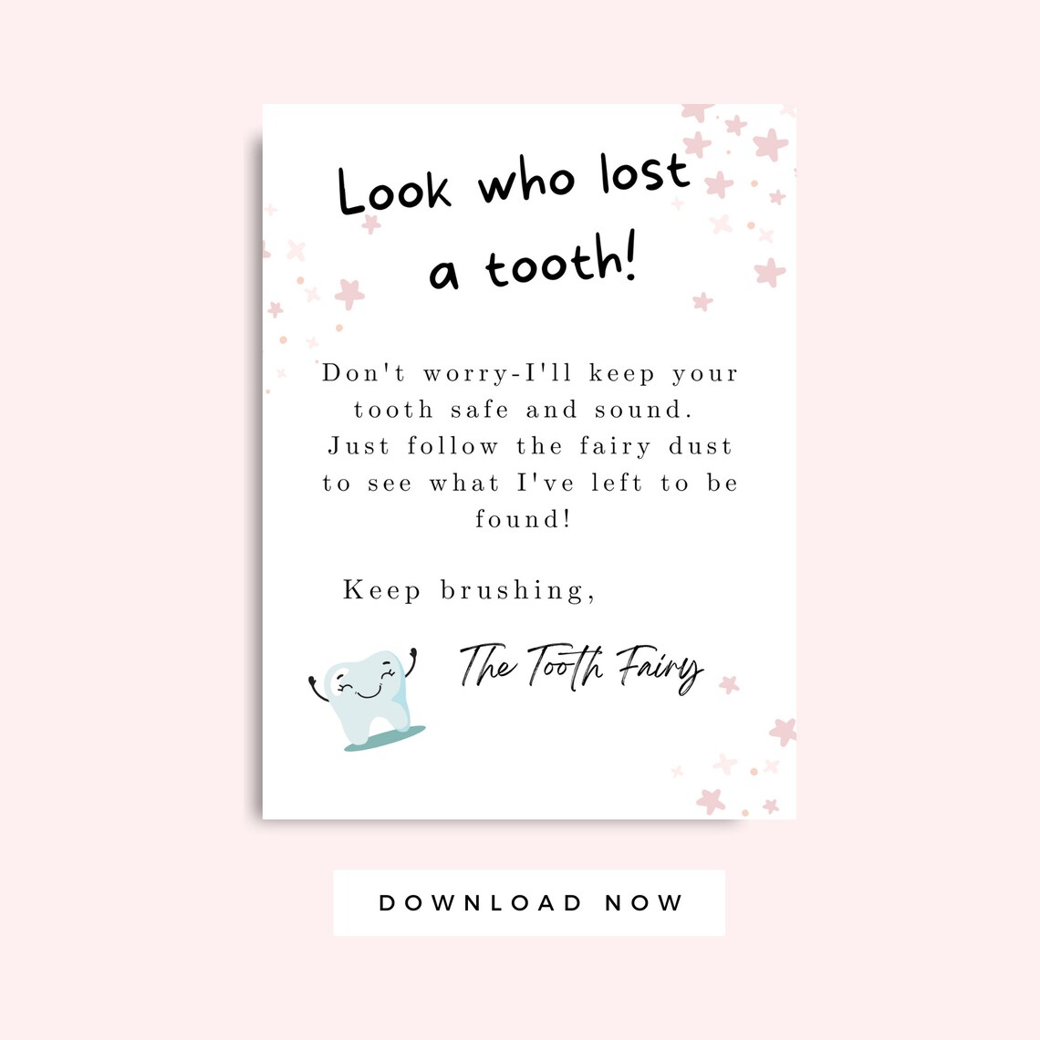 Tooth Fairy Letter for Kids Printable, Pink Stars Tooth Fairy Note ...