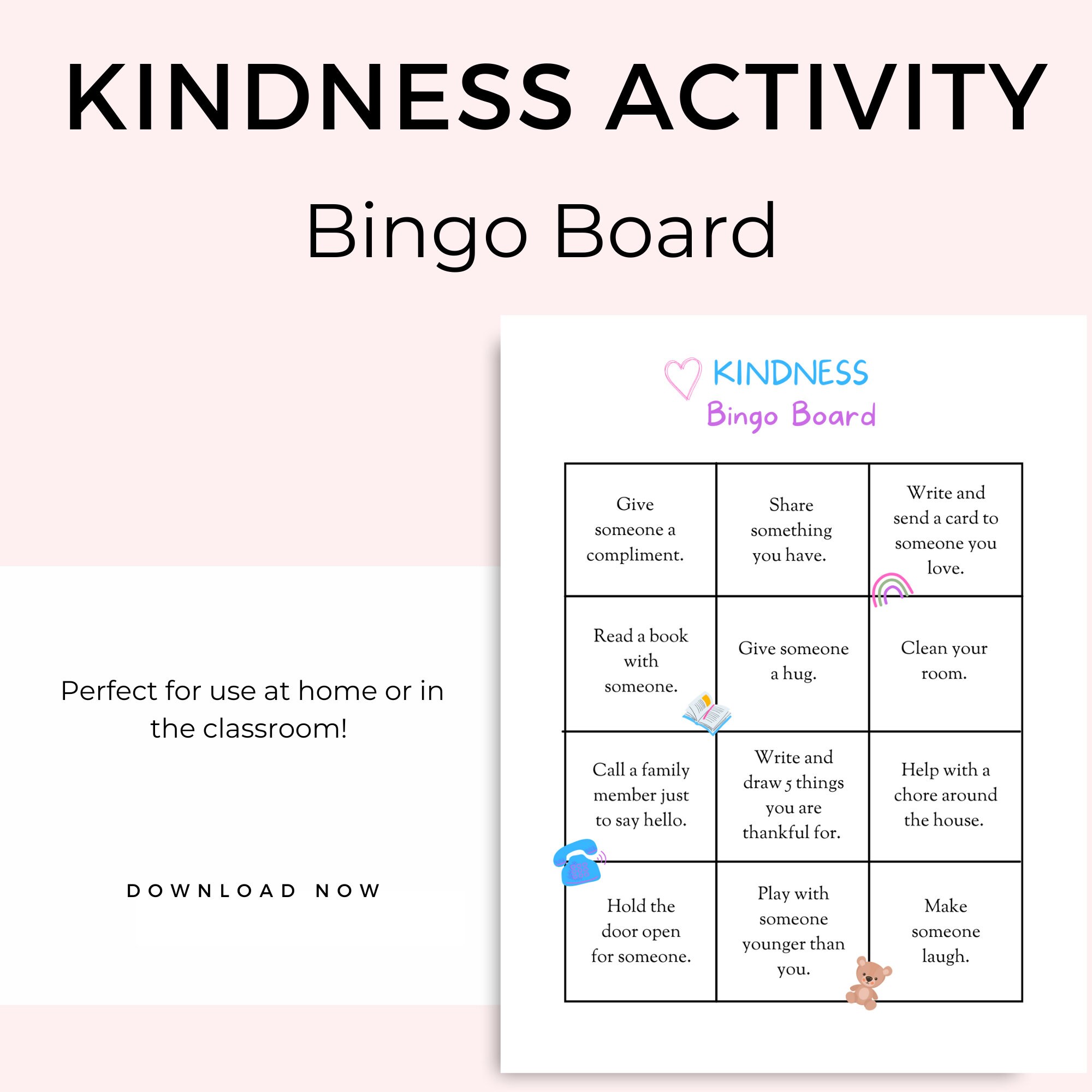 Kindness Activity for Kids Printable Bingo Board, Friendship Activity ...