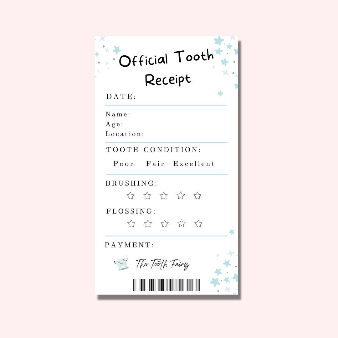 Tooth Fairy Receipt for Kids Printable, 3.5 X 6.5 Inch Blue Tooth Fairy ...