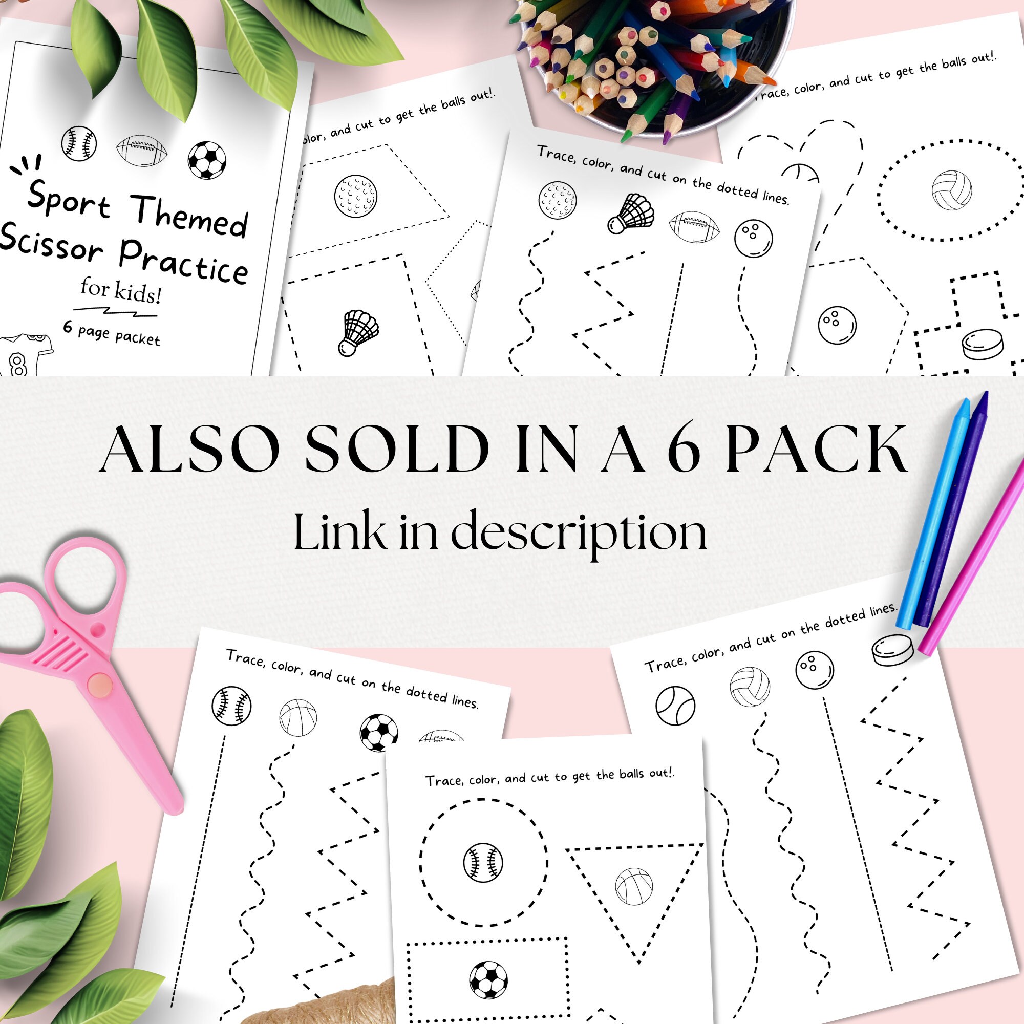 Preschool Scissor Skills Printable Worksheet Black and White Sports ...