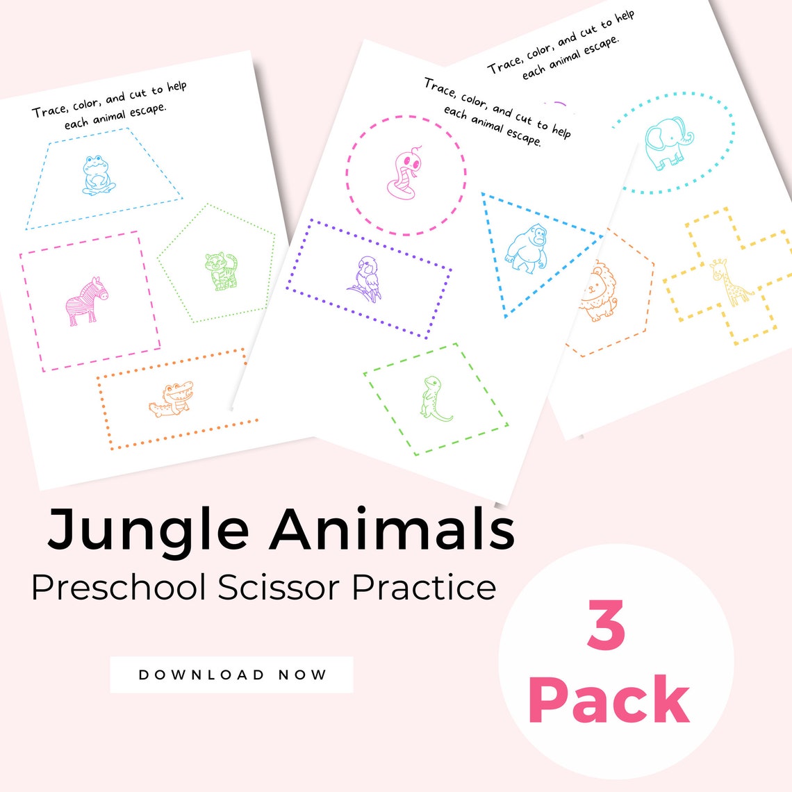 Jungle Animals Preschool Cutting and Tracing Shapes Practice ...