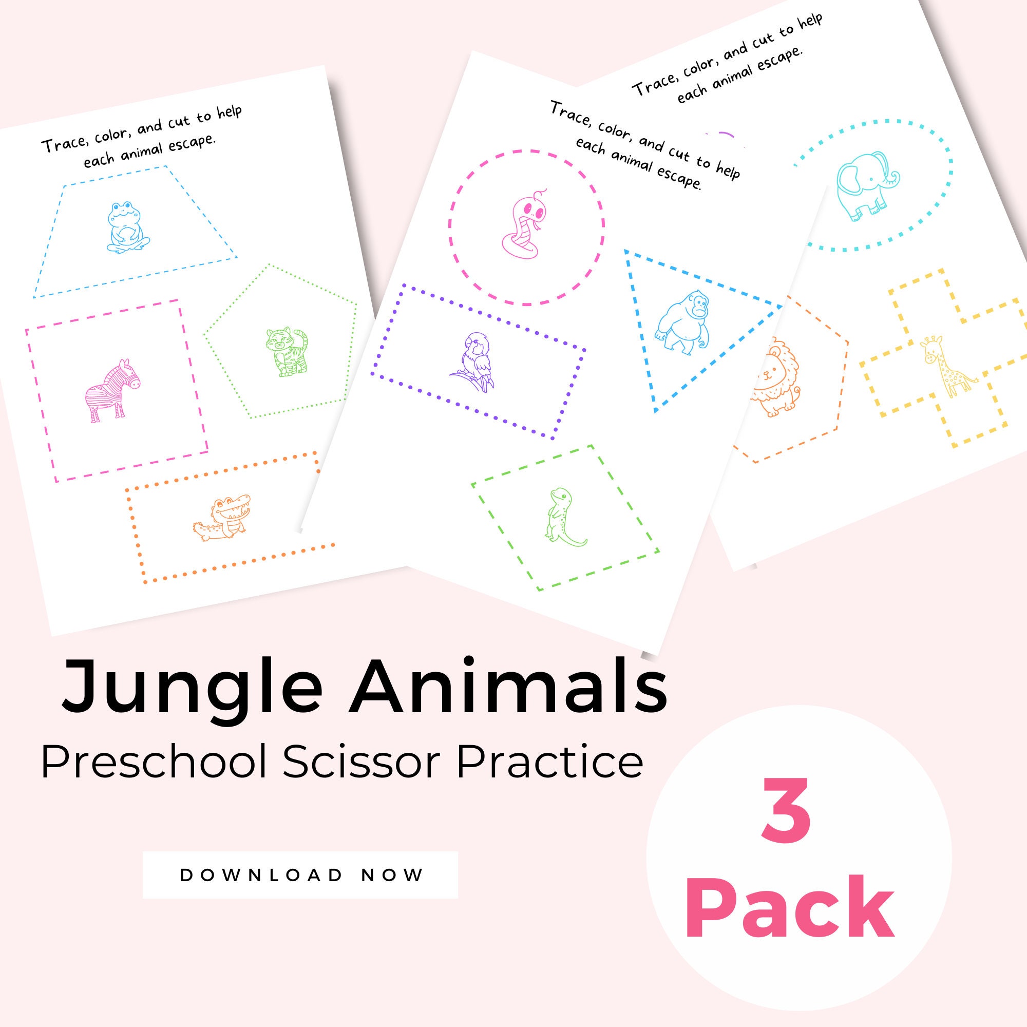 Jungle Animals Preschool Cutting and Tracing Shapes Practice ...