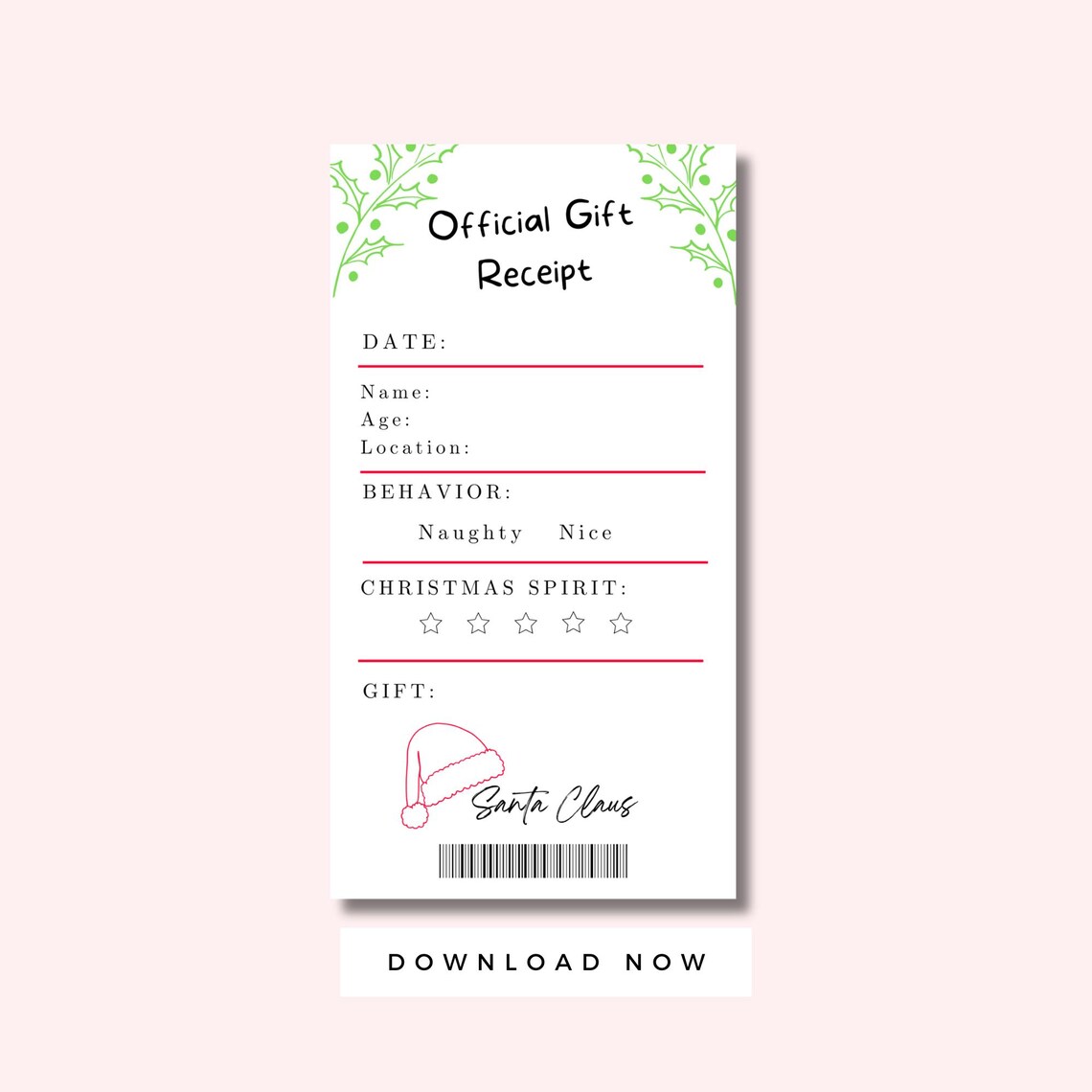 Santa Gift Receipt for Kids Printable PDF, Printable Card From Santa ...