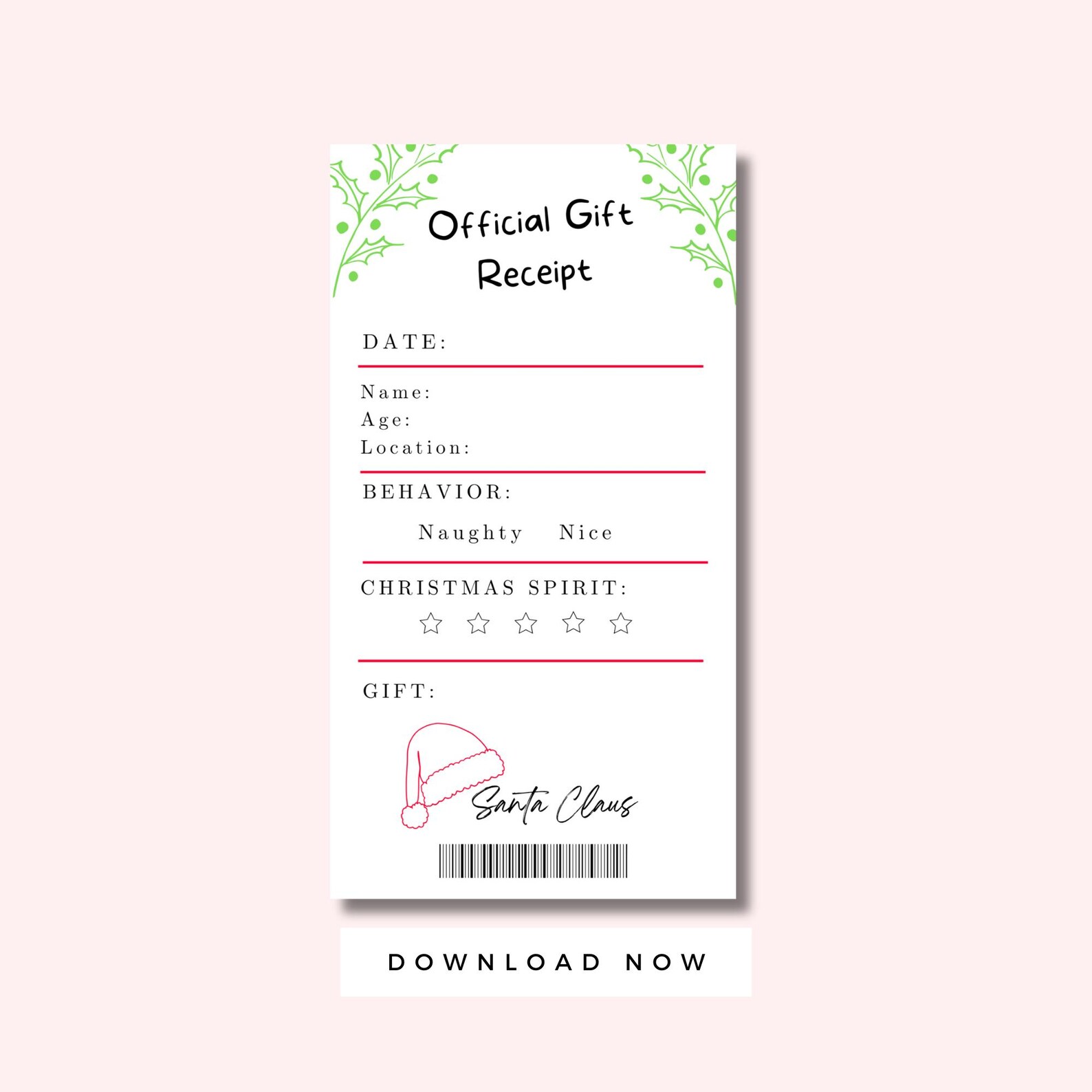 Santa Gift Receipt for Kids Printable PDF, Printable Card From Santa ...