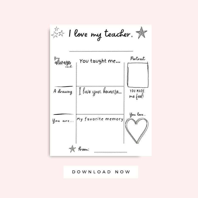 I Love My Teacher Printable Interview Black and White, All About My ...