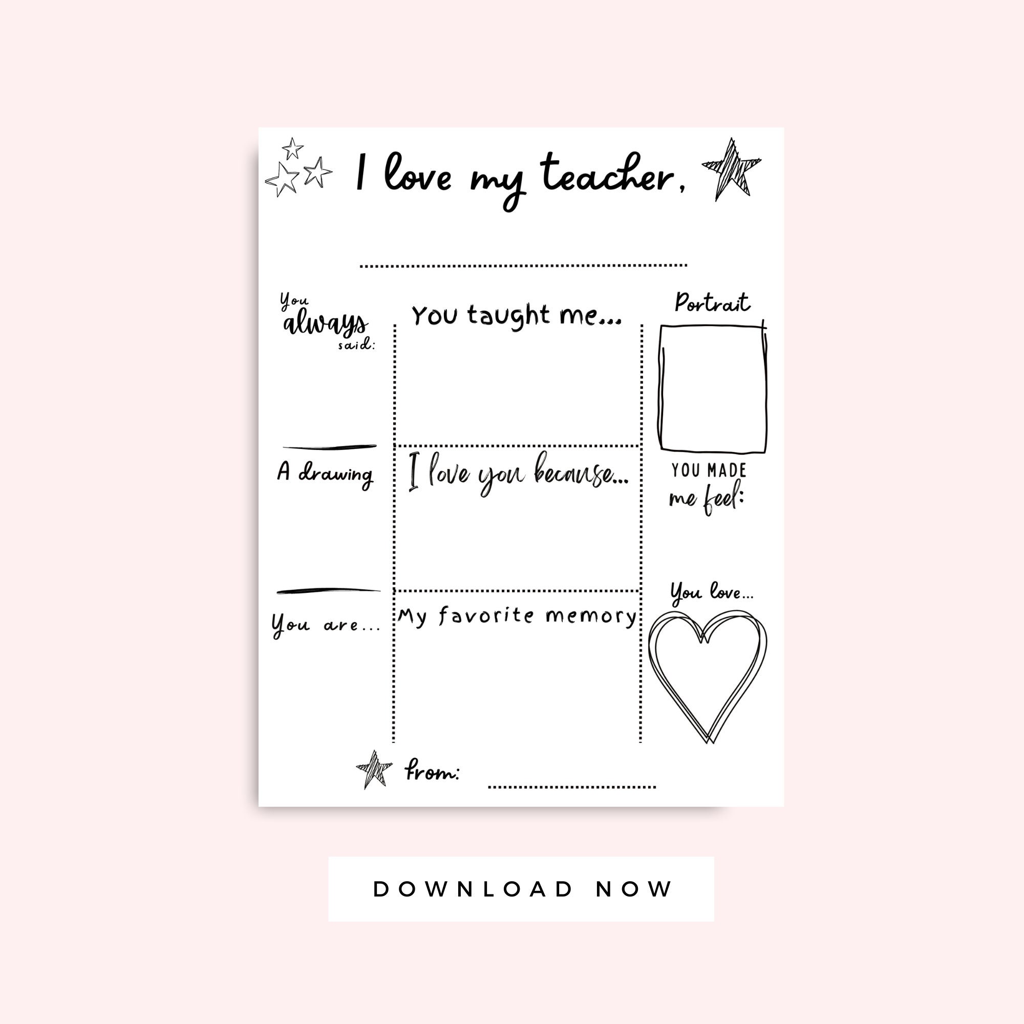 I Love My Teacher Printable Interview Black and White, All About My ...