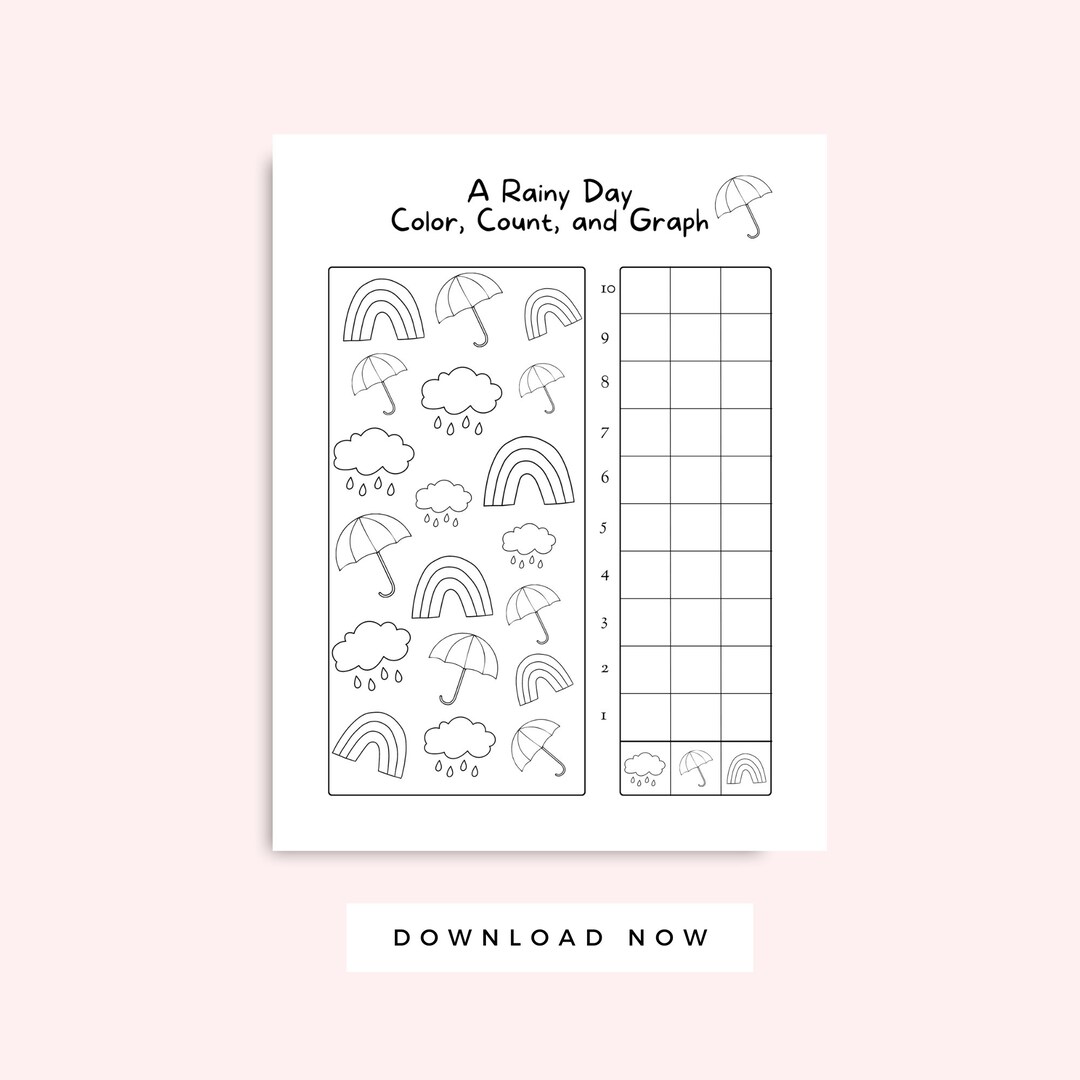 Rainy Day Activity Printable for Kids, Color Count and Graph Worksheet ...