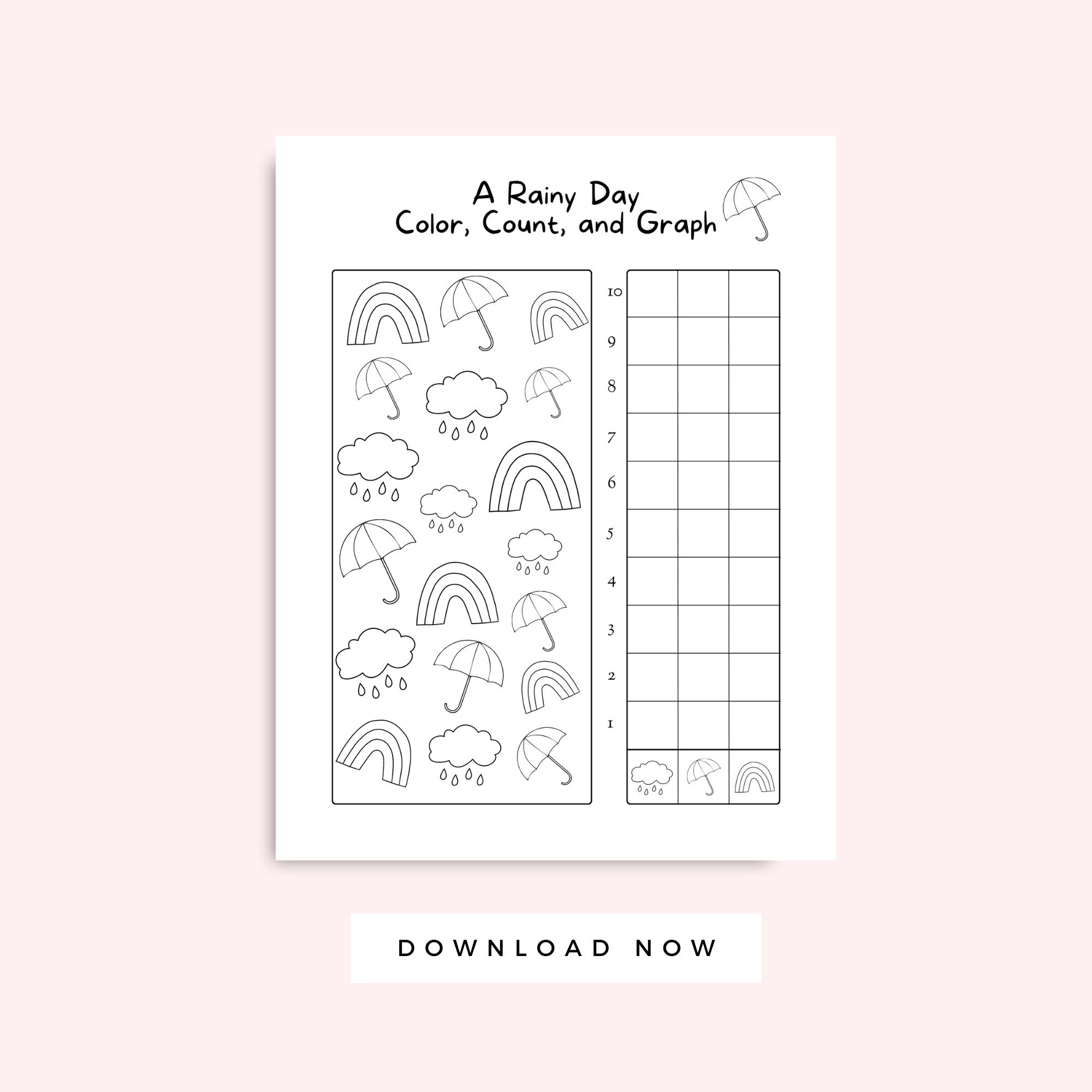Rainy Day Activity Printable for Kids, Color Count and Graph Worksheet ...