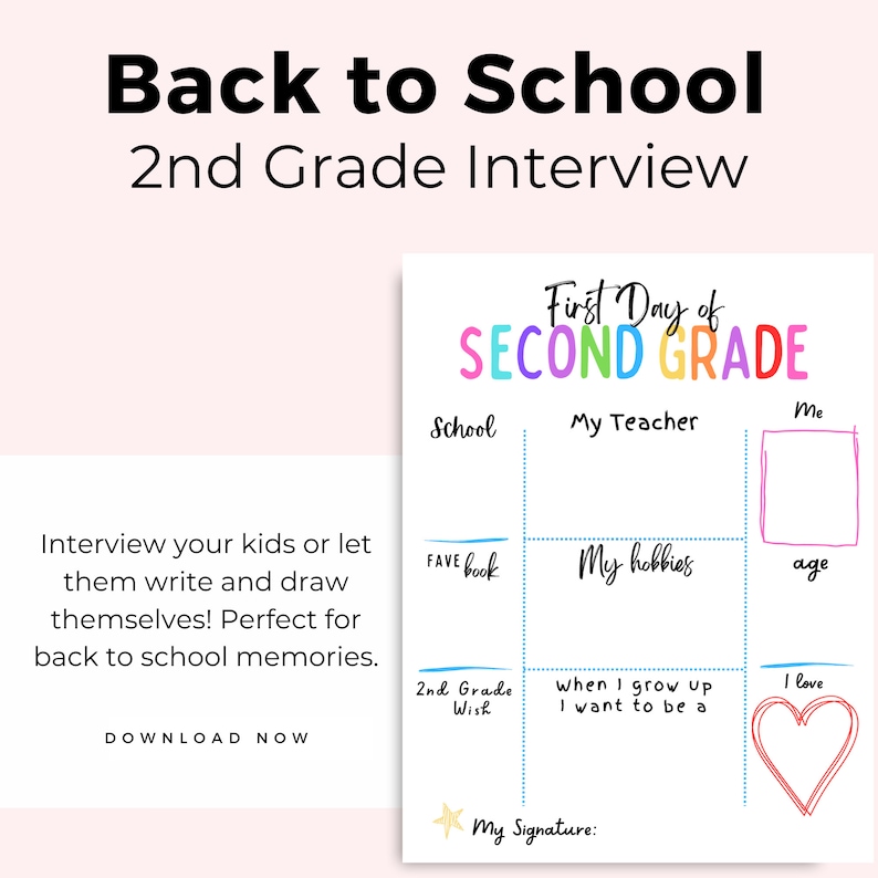 Back to School 2nd Grade Interview Printable, First Day of Second Grade ...