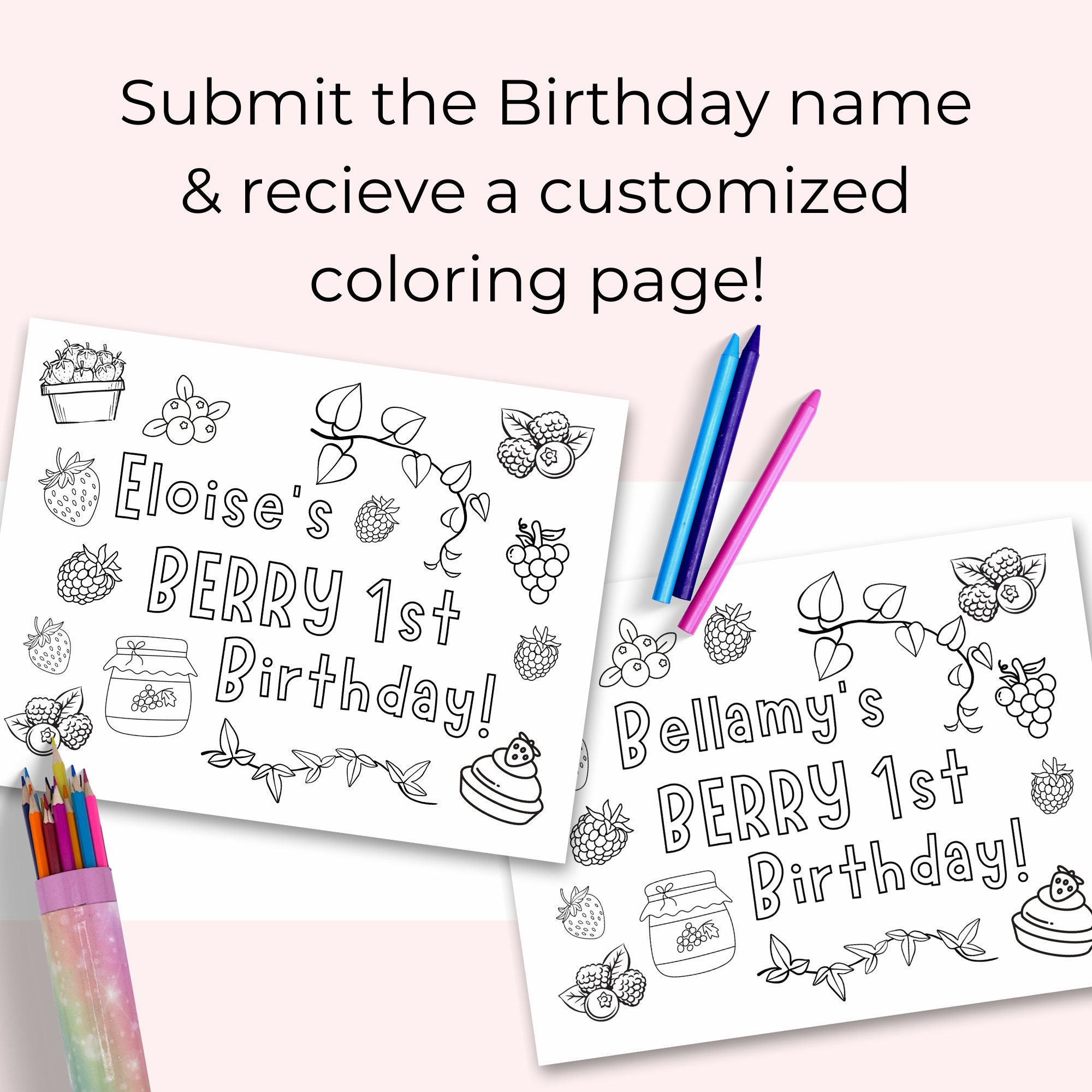 Personalized Berry 1st Birthday Coloring Page, One Year Old Birthday ...
