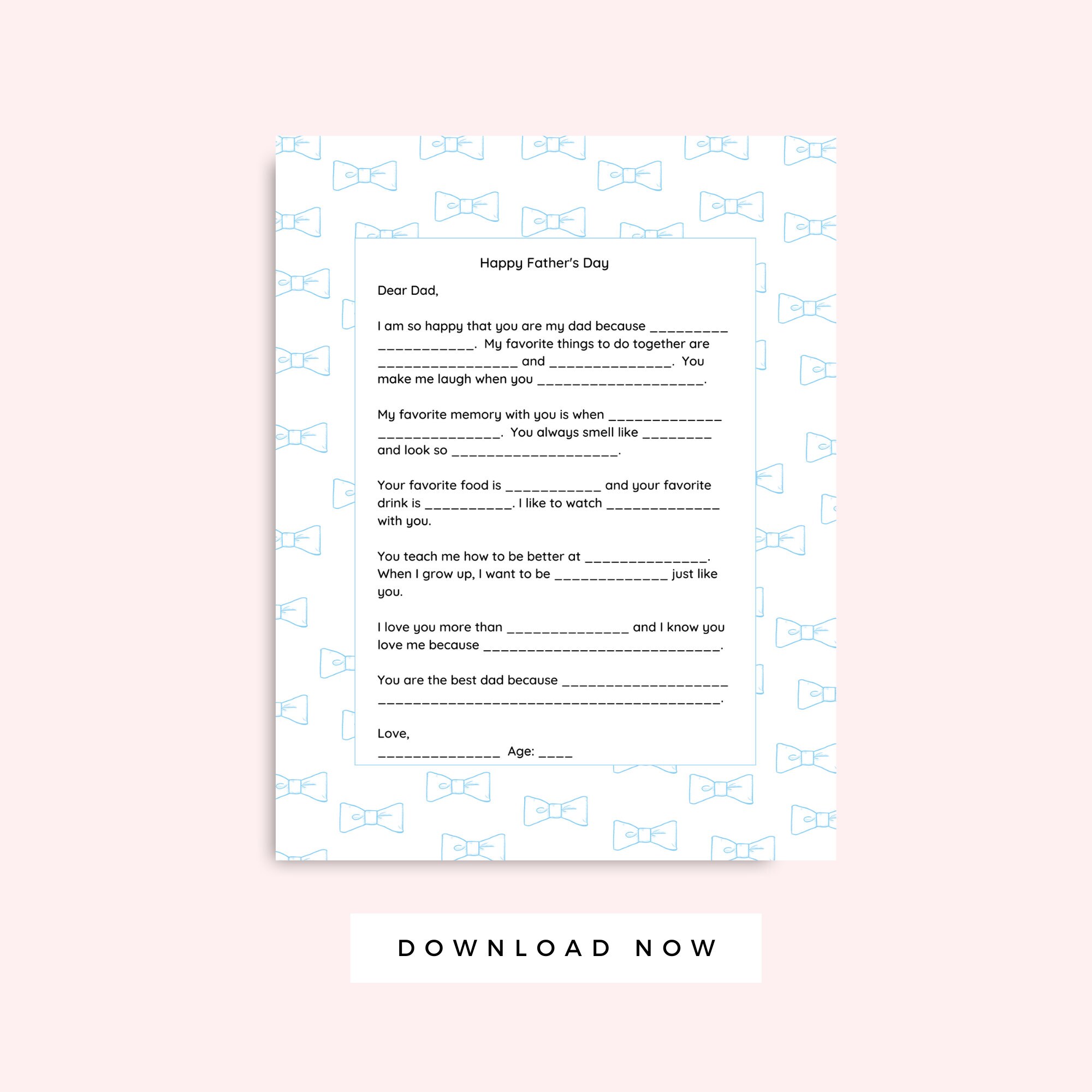 Father's Day Letter From Kids Printable Blue Bowties, Card for Dad Gift ...