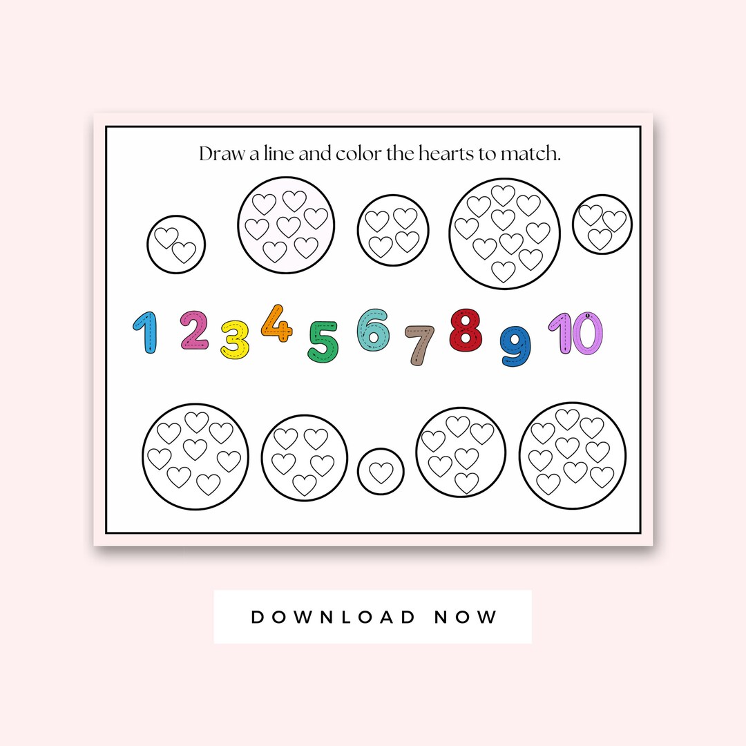 Color and Count Heart Worksheet for Kids, Valentine's Day, Preschool ...