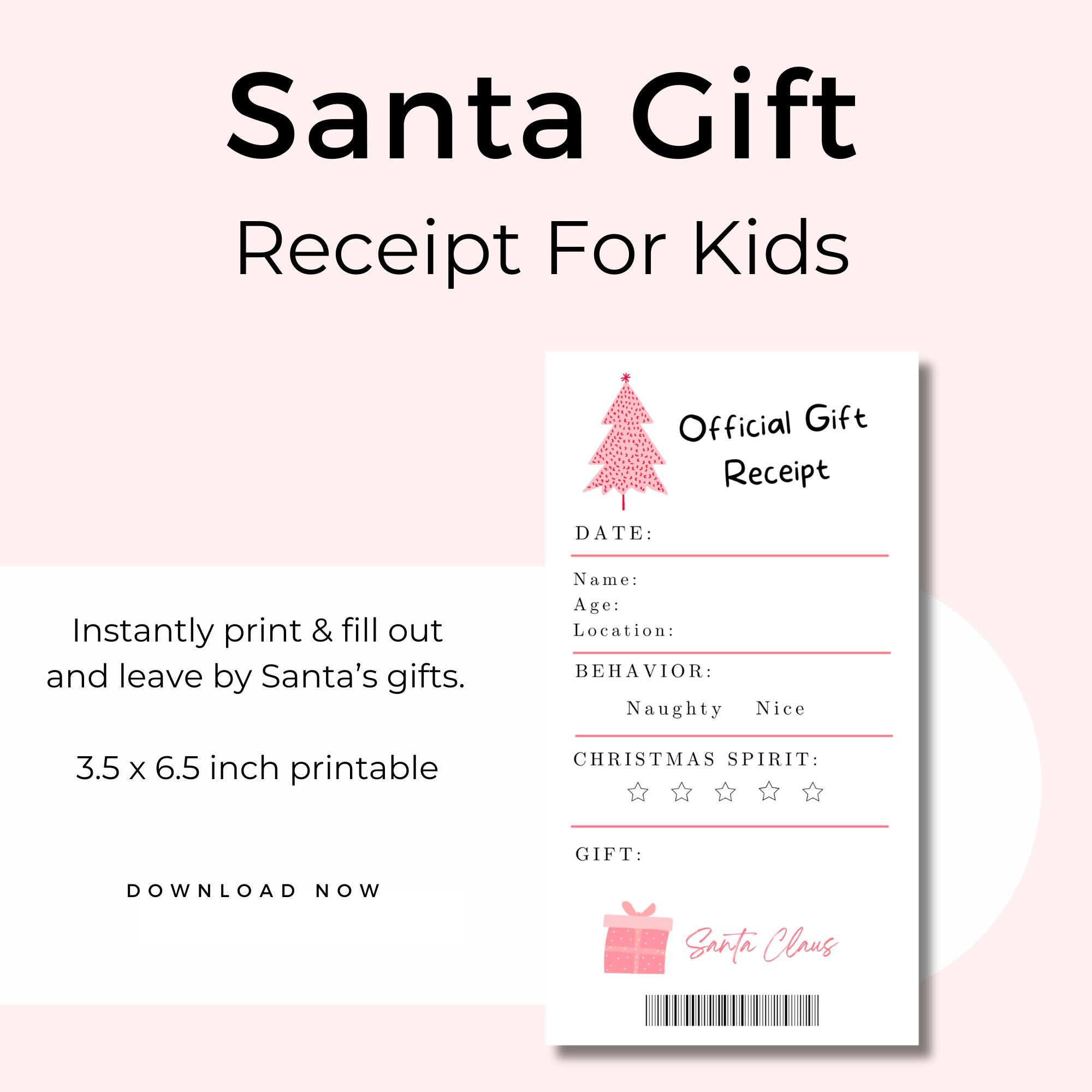 Pink Santa Gift Receipt for Kids Printable, Printable Card From Santa ...