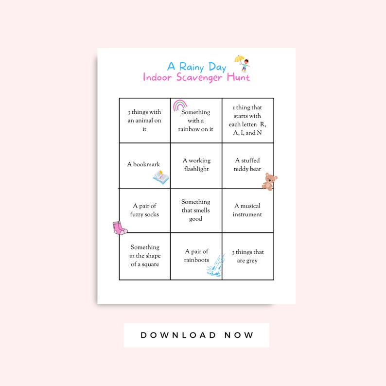 Rainy Day Scavenger Hunt Printable for Kids, Indoor Scavenger Hunt ...