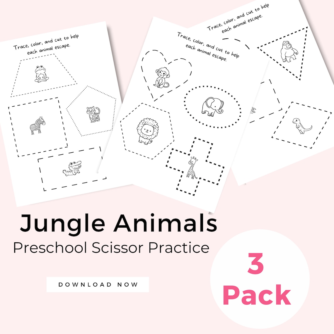 Jungle Animals Preschool Cutting and Tracing Shapes Practice - Etsy