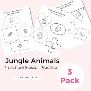 Jungle Animals Preschool Cutting and Tracing Shapes Practice, Black and ...