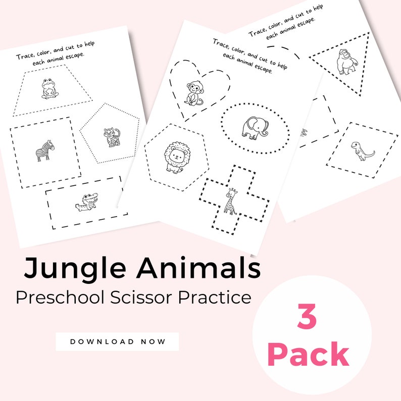 Jungle Animals Preschool Cutting and Tracing Shapes Practice, Black and ...