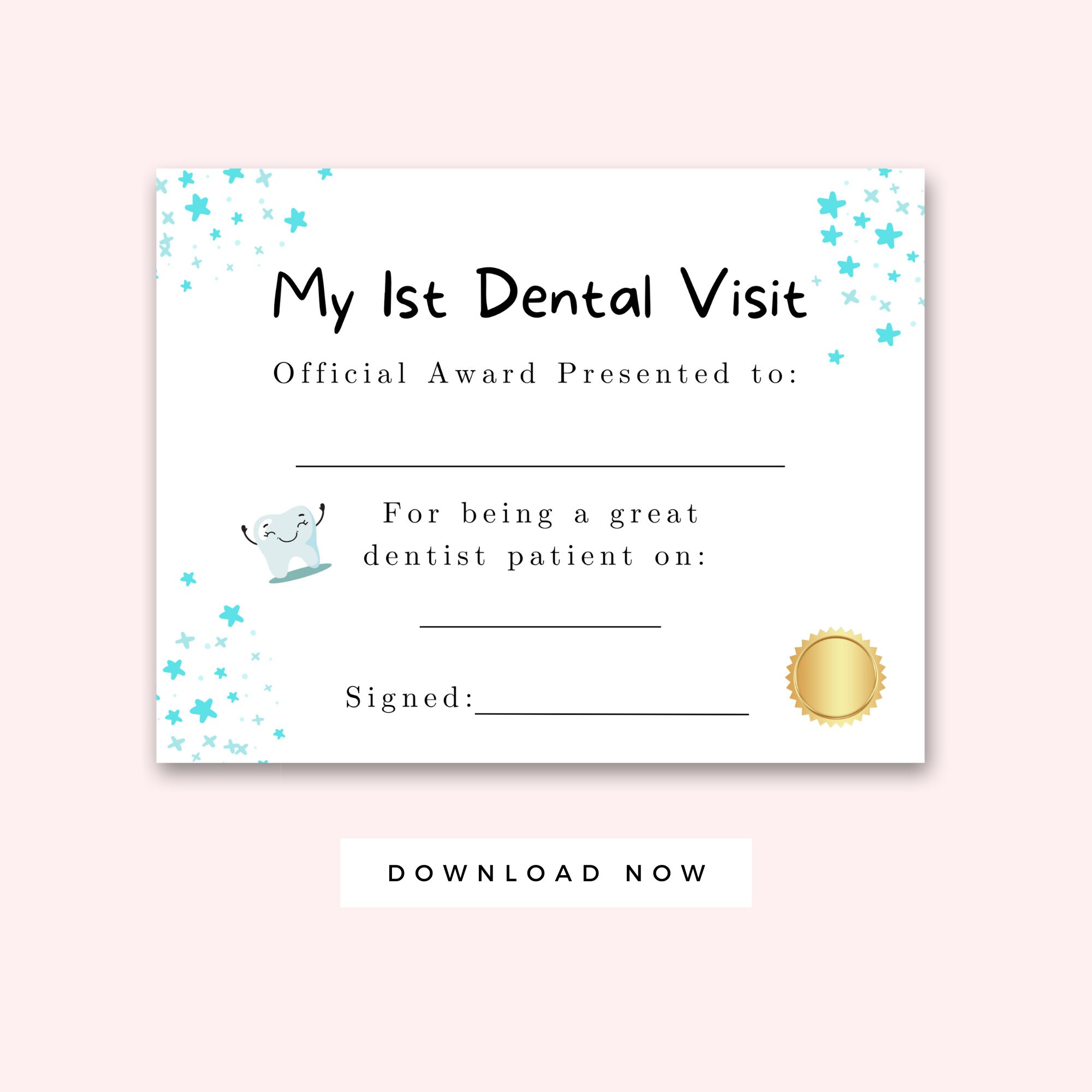 My 1st Dental Visit Official Certificate Printable, First Dentist Award ...
