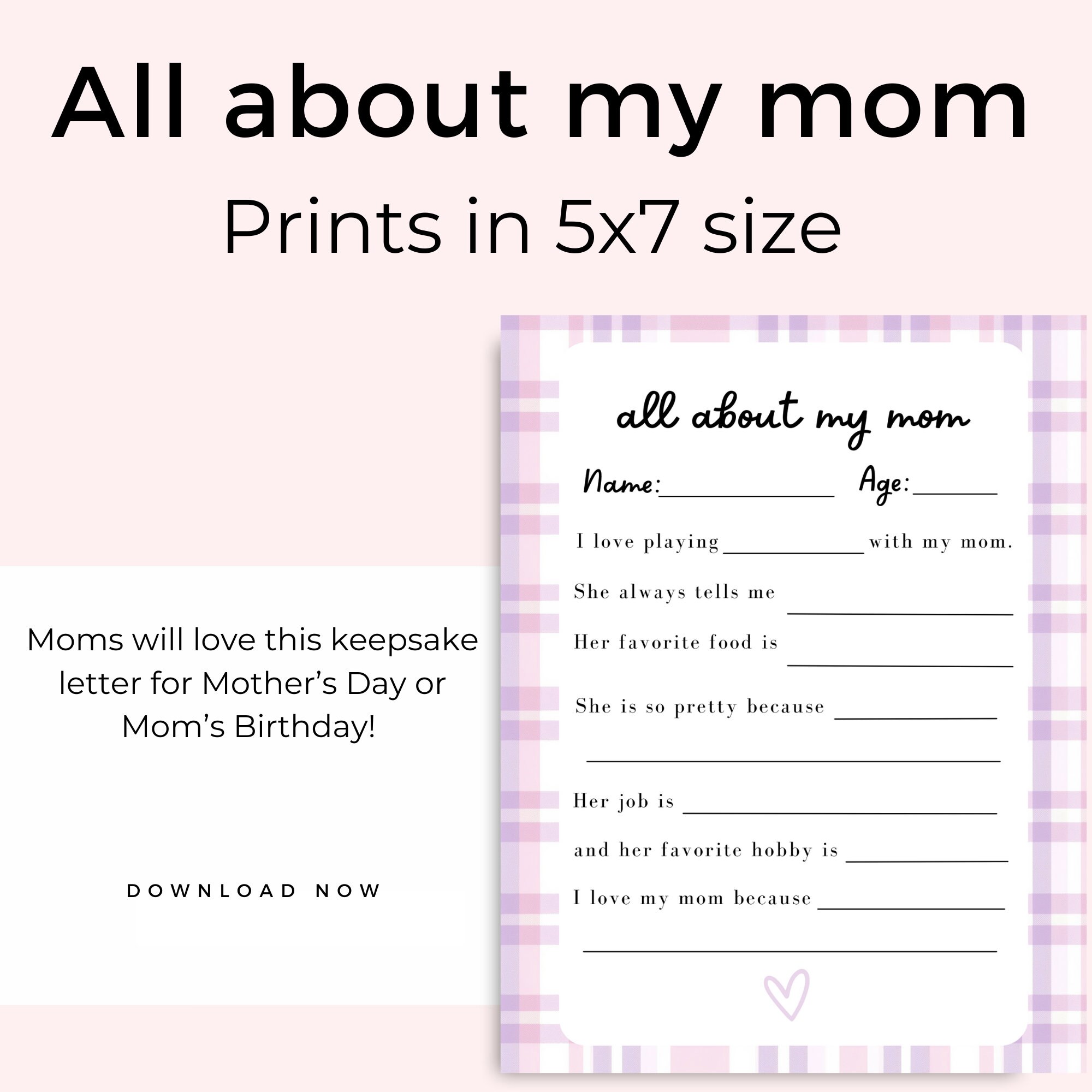 Mother's Day Letter From Kids, 5x7 Printable Purple Plaid, Mom's ...