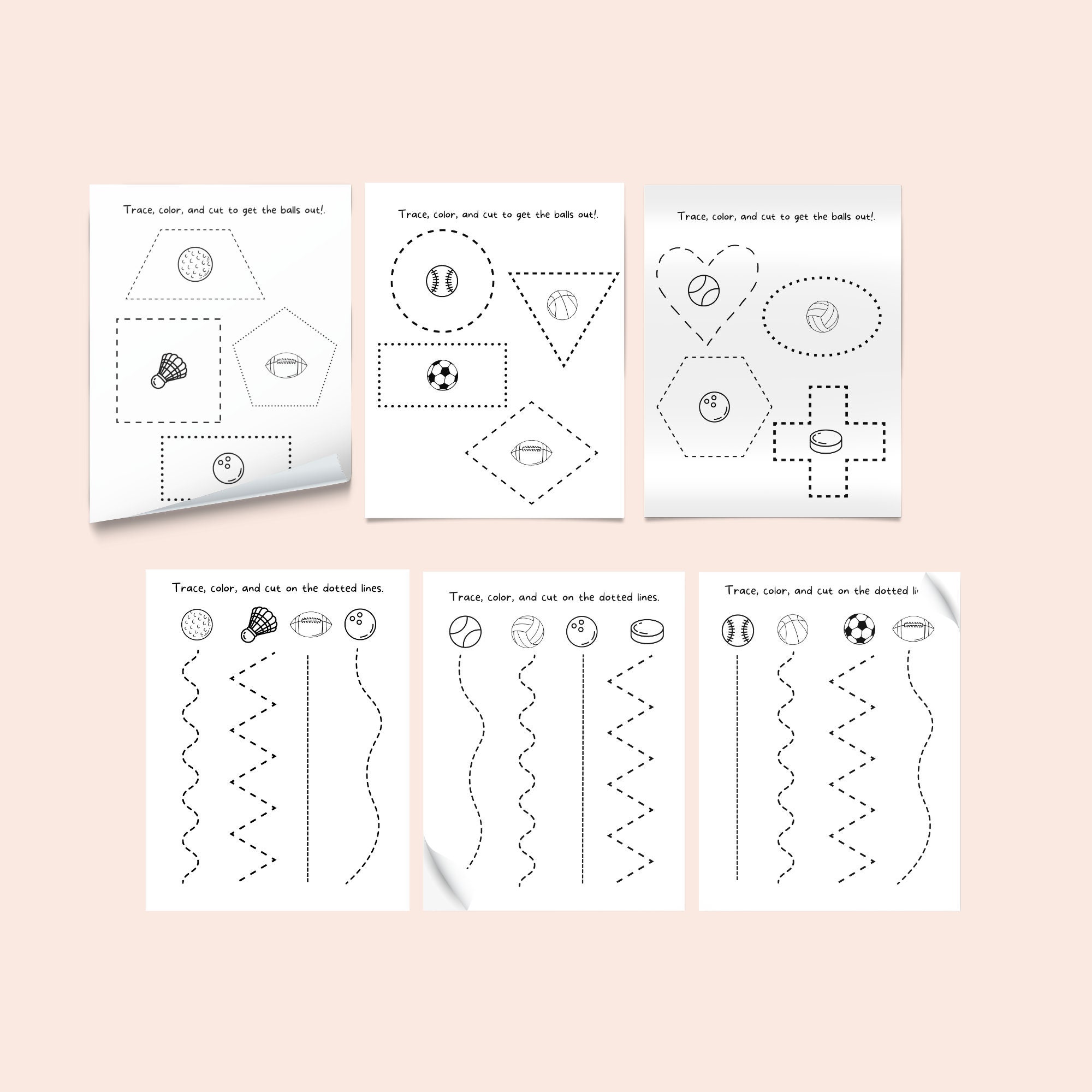 Preschool Scissor Skills Printable Worksheet Black and White Sports ...