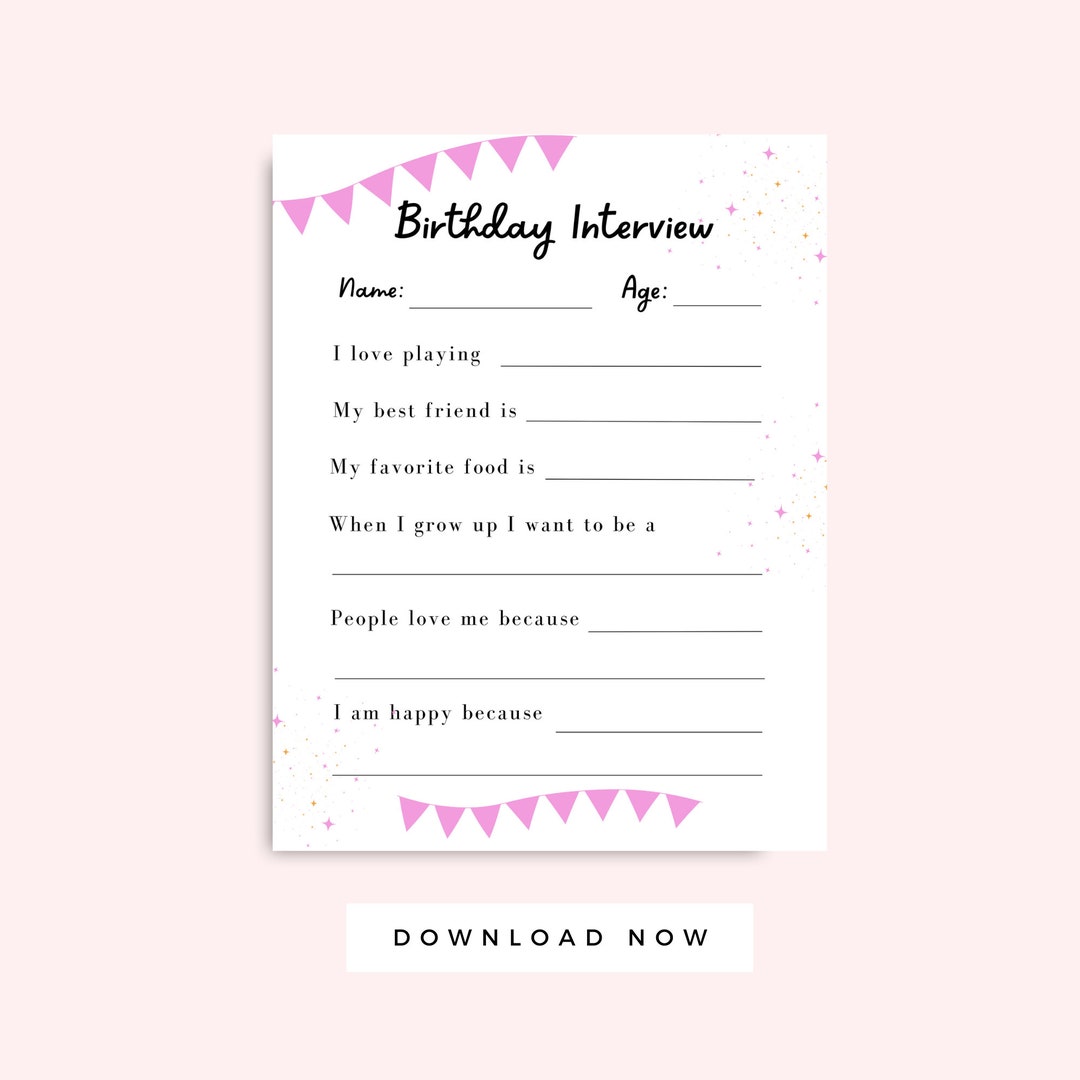 Birthday Interview Kids Printable, Kid Birthday Questions Instant ...
