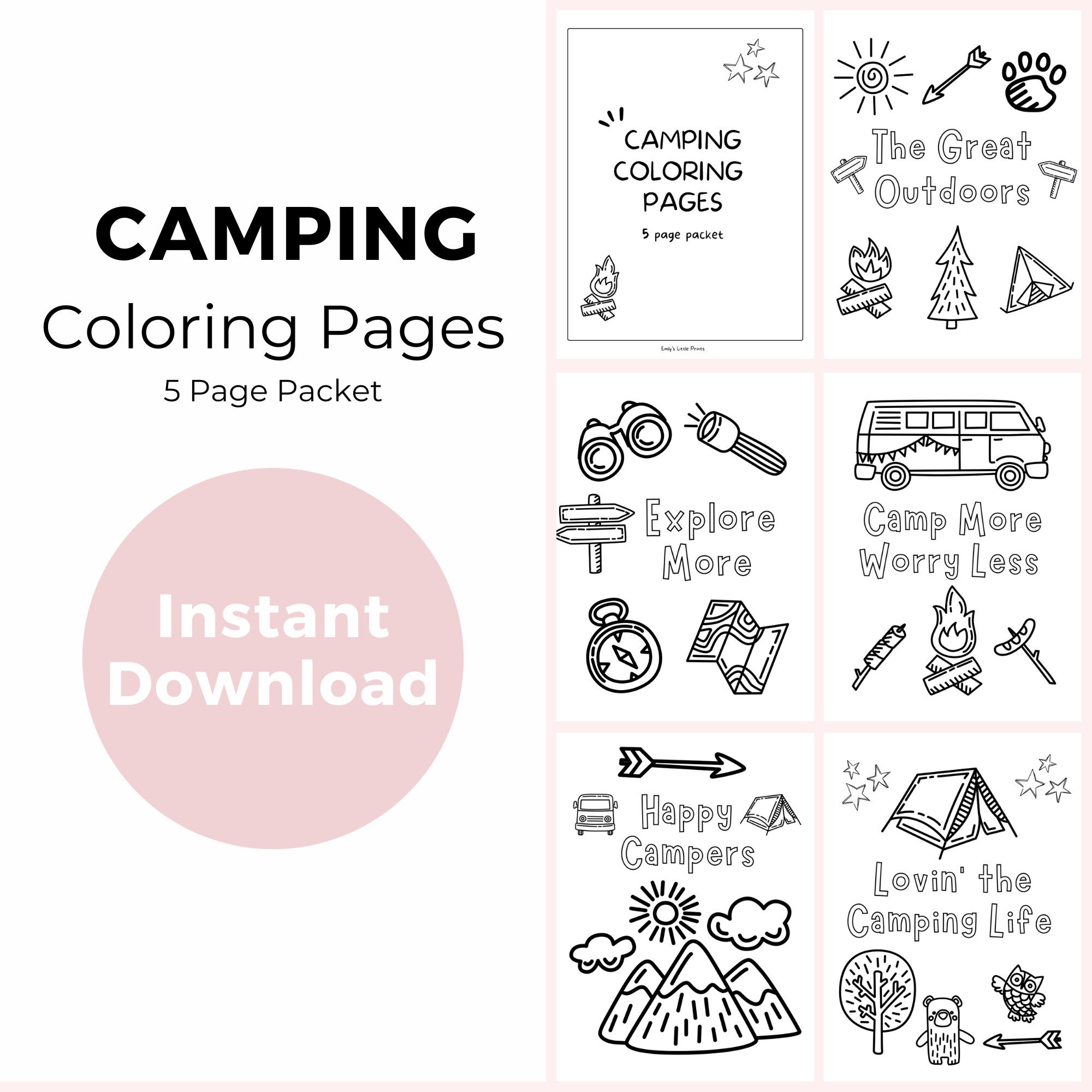 Camping Coloring Pages PDF, 5 Page Camping Activity Packet for Kids ...
