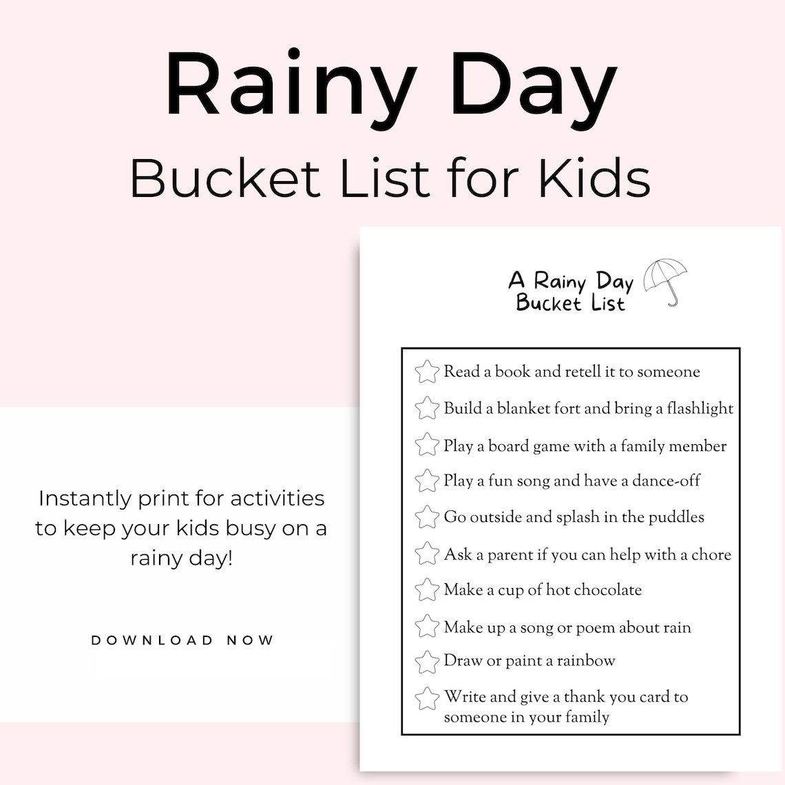 Rainy Day Bucket List Printable for Kids, Instant Download Activity ...