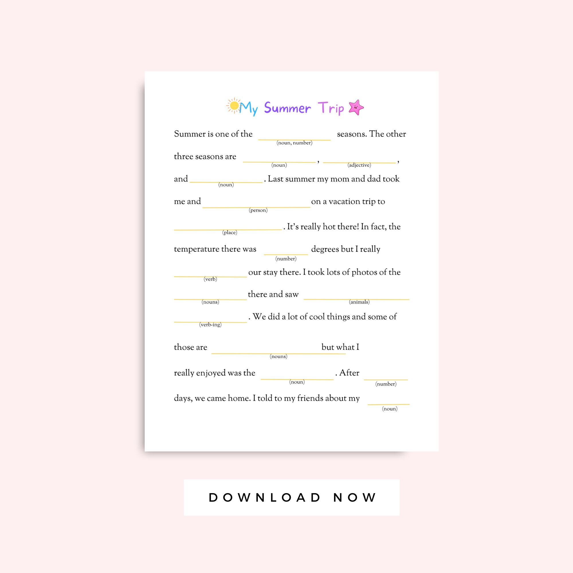 Summer Mad Libs Printable Page for Kids Summer Road Trip - Etsy