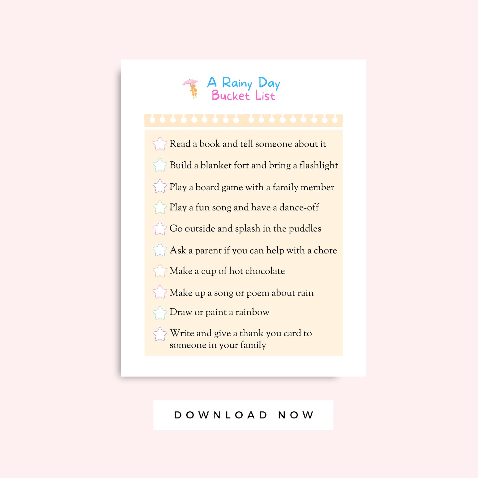 Rainy Day Bucket List Printable for Kids, Instant Download Activity ...