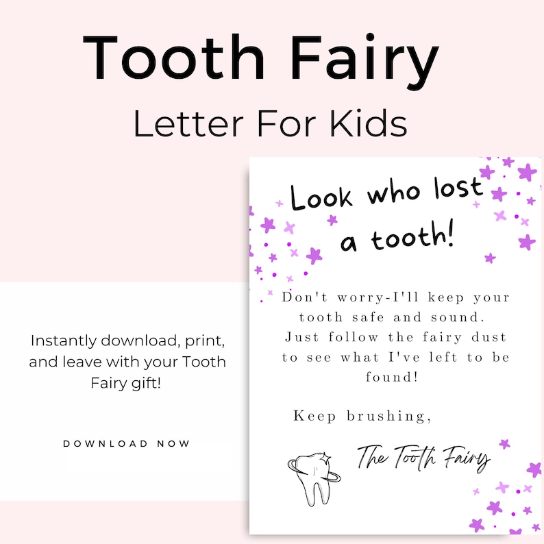 Tooth Fairy Letter for Kids Printable, Purple Tooth Fairy Note, Lost ...
