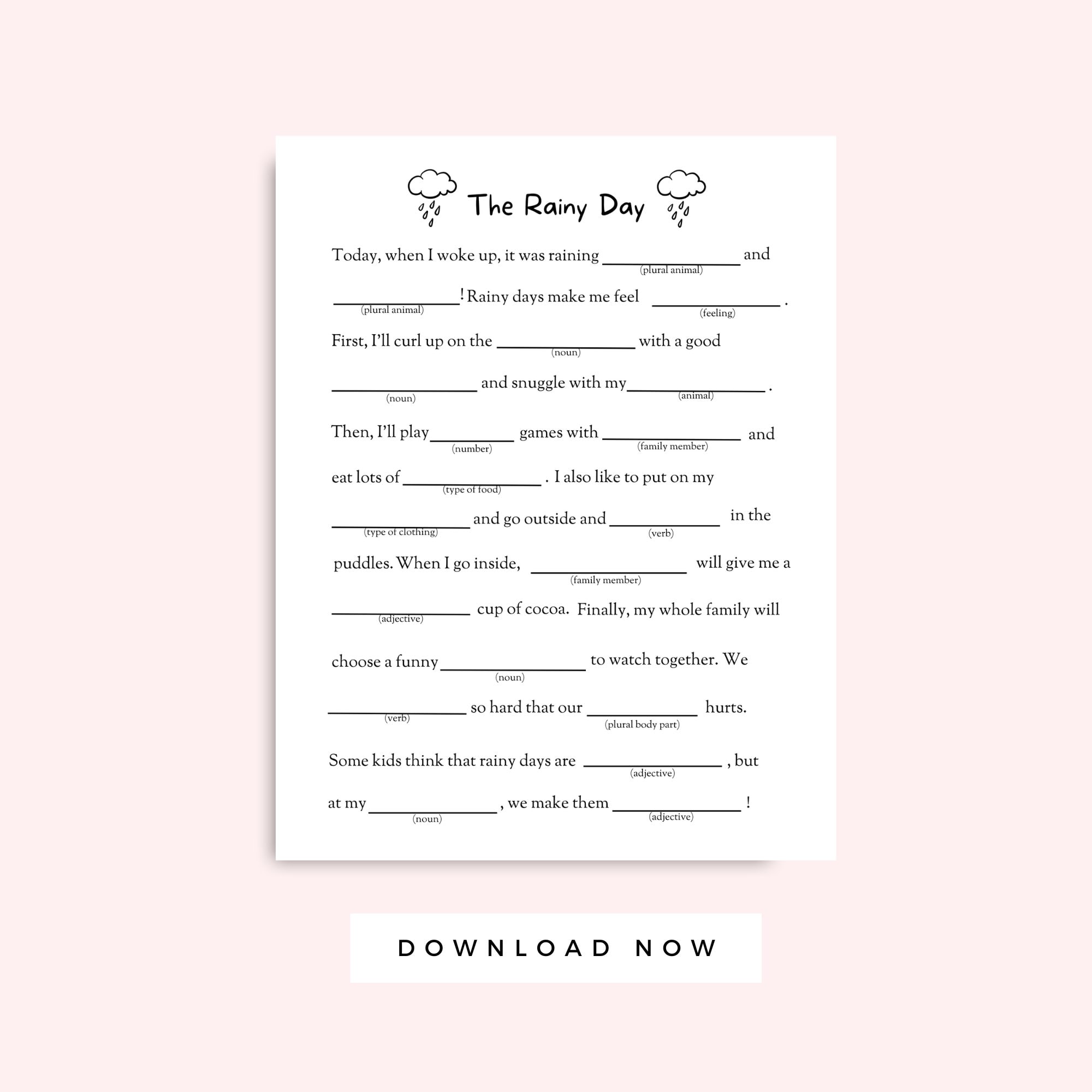 Rainy Day Activity for Kids, Family Mad Lib Game, Rainy Day Mad Lib ...