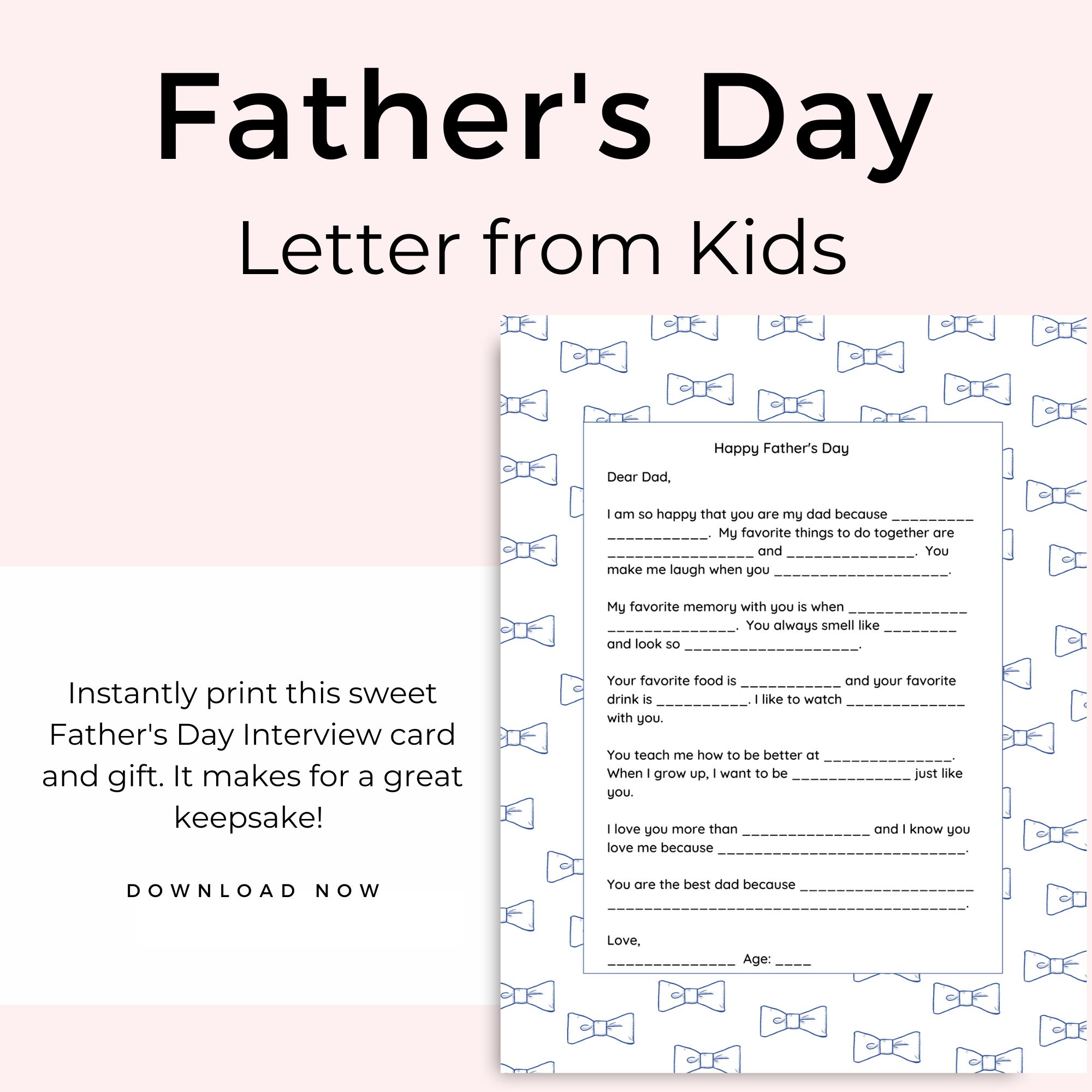 Father's Day Letter From Kids Printable Navy Bowties, Card for Dad ...