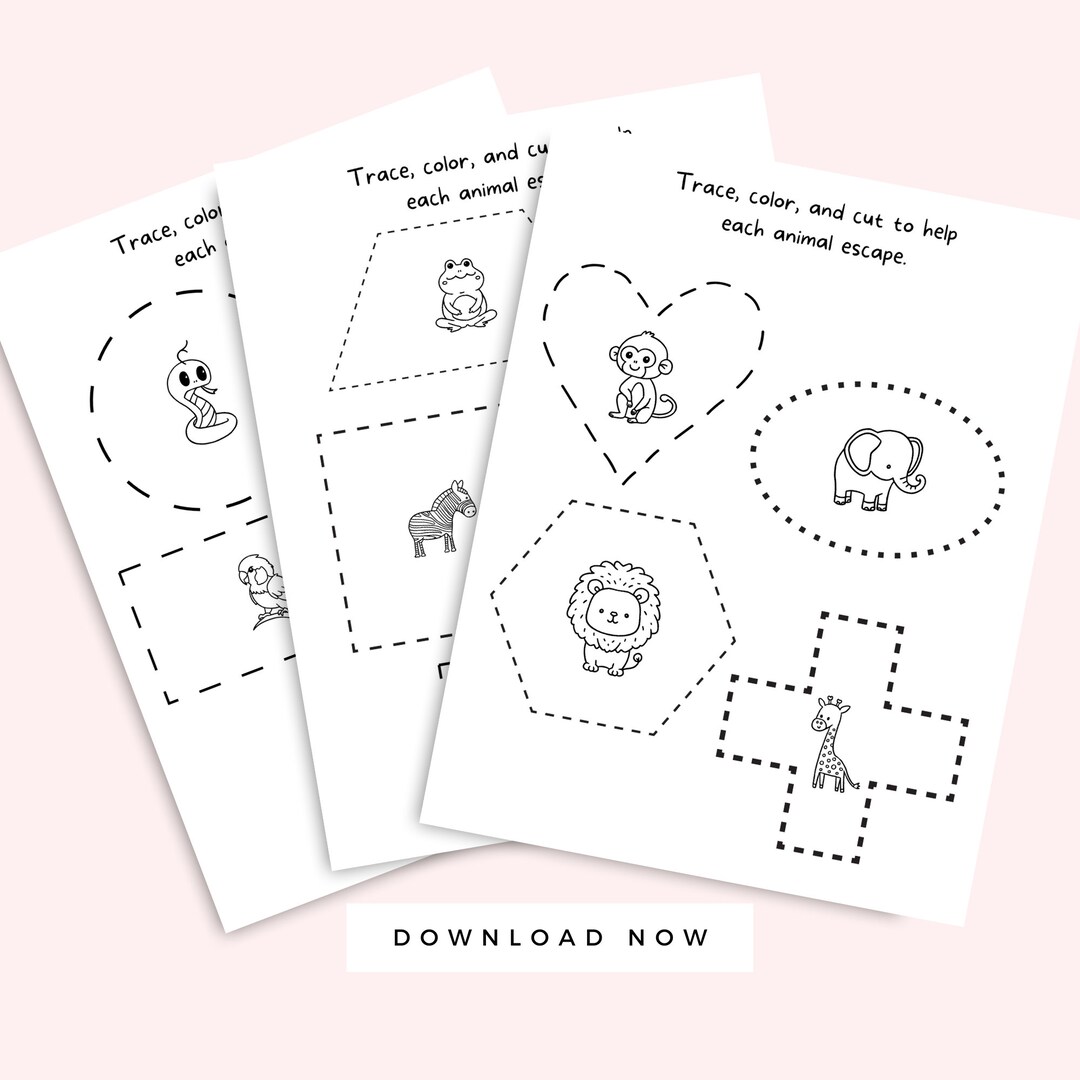 Jungle Animals Preschool Cutting and Tracing Shapes Practice, Black and ...