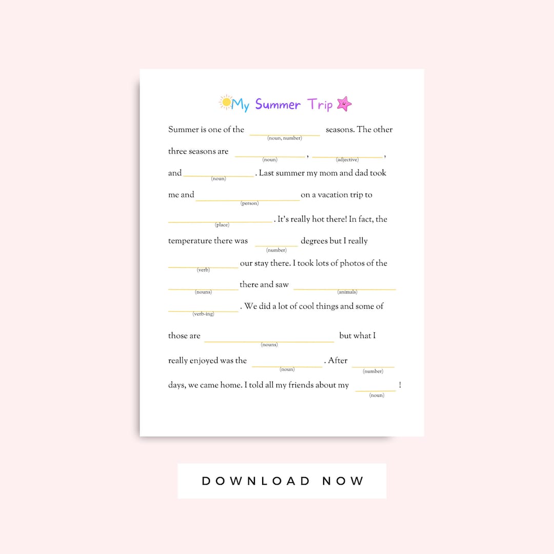 Summer Mad Libs Printable Page for Kids, Summer Road Trip Family ...