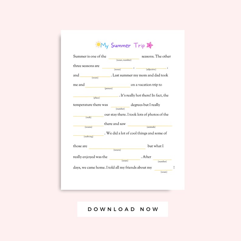 Summer Mad Libs Printable Page for Kids, Summer Road Trip Family ...