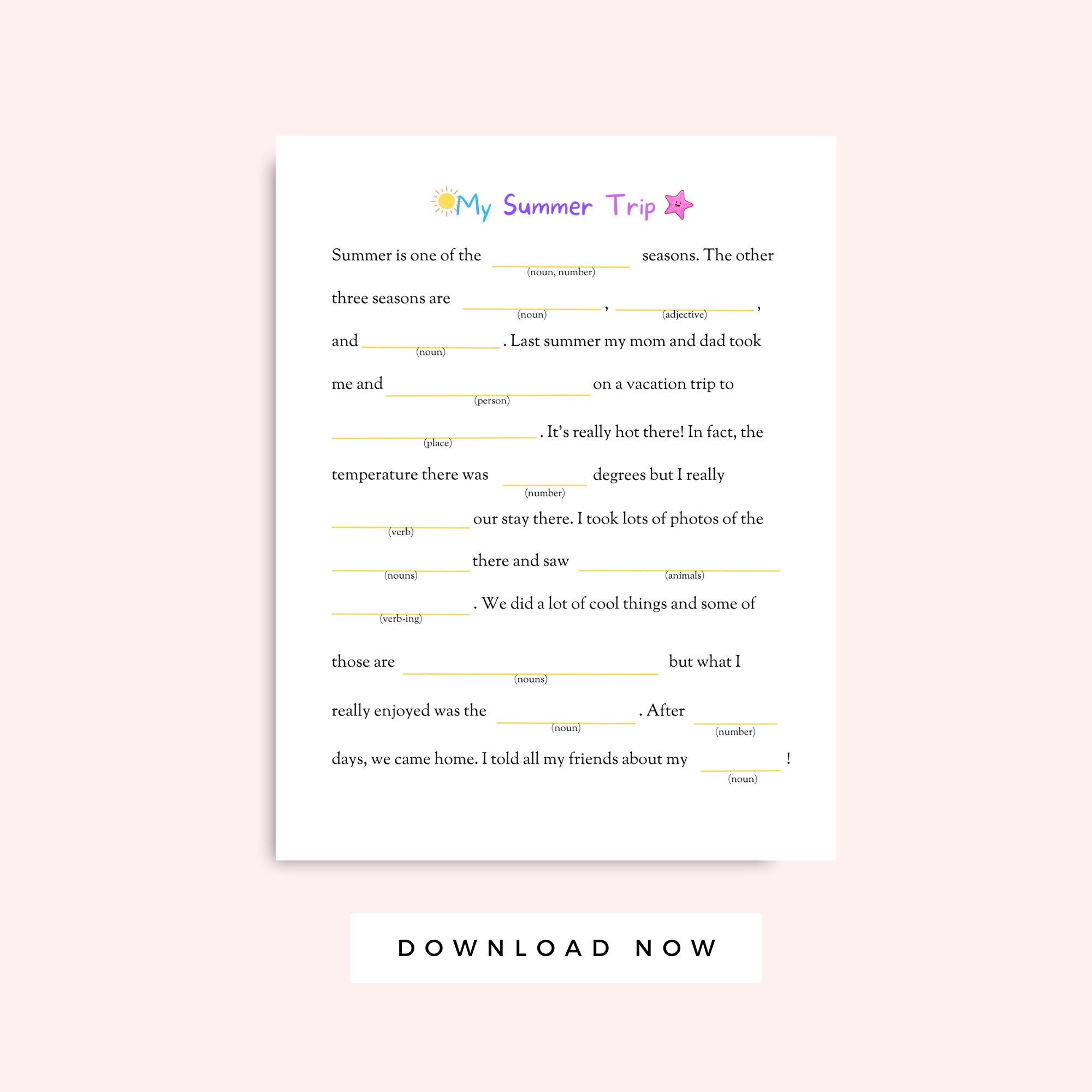 Summer Mad Libs Printable Page for Kids, Summer Road Trip Family ...
